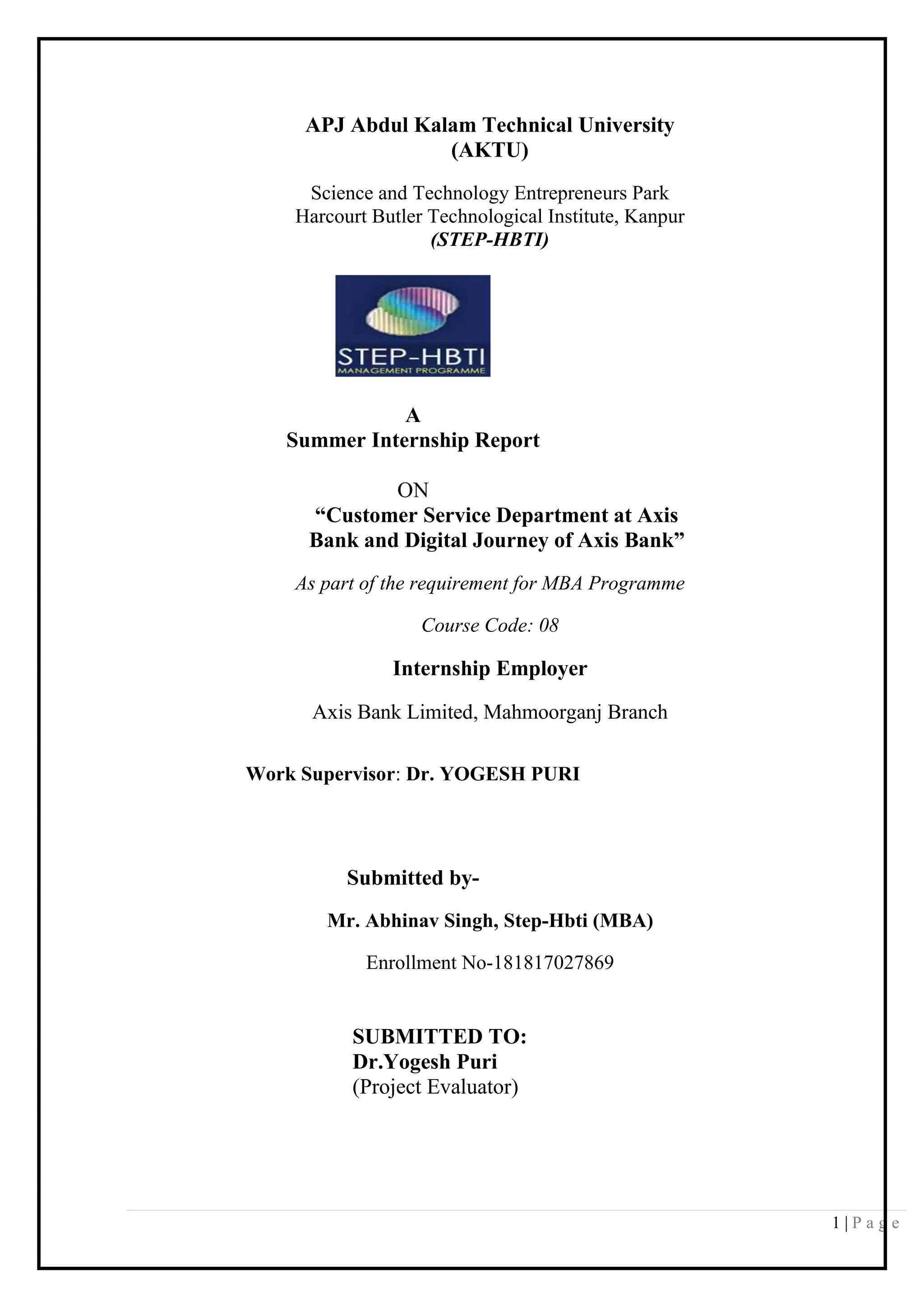 Abhinav singh axis bank summer internship customer service department ...