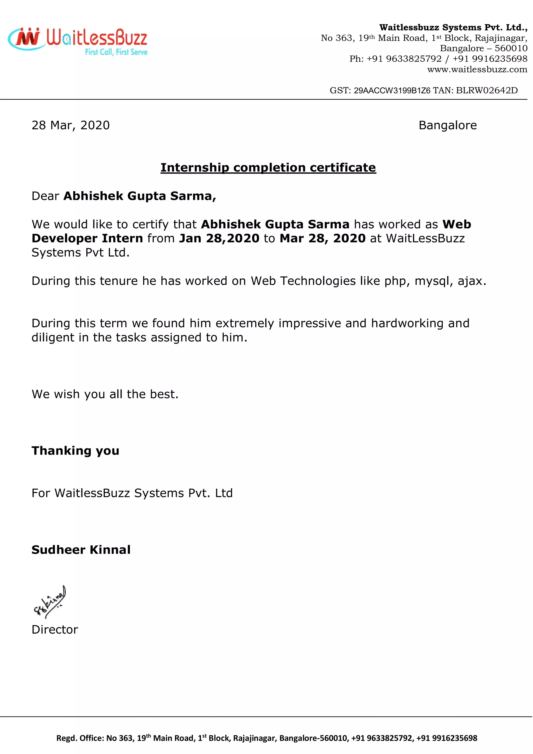 Internship completion letter at WaitLessBuzz - Abhishek Gupta Sarma | PDF