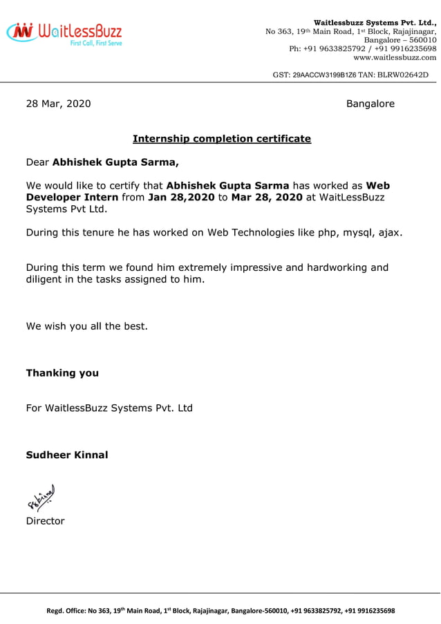 Internship completion letter at WaitLessBuzz - Abhishek Gupta Sarma | PDF