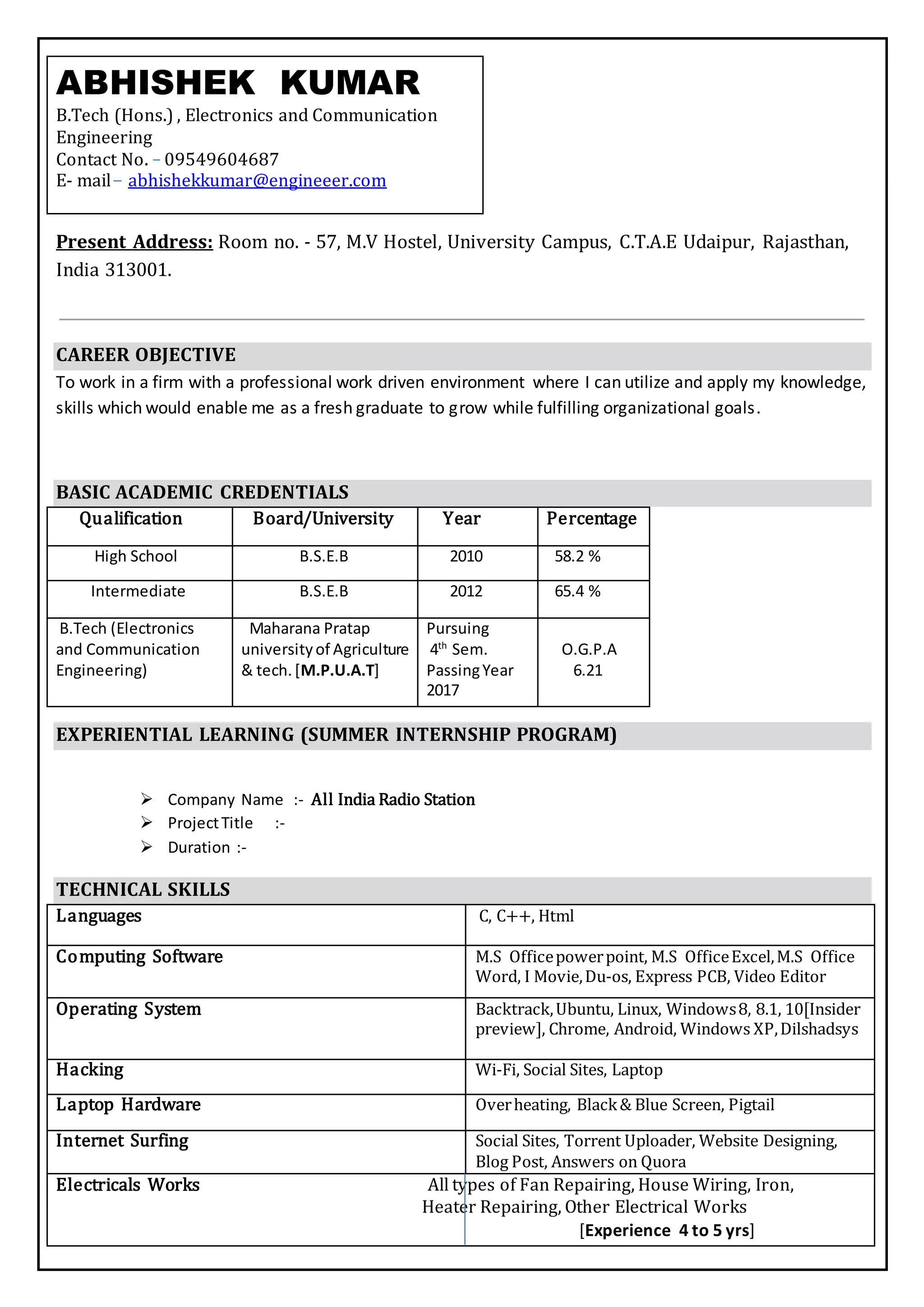 Electronics Freshers Resume......Abhishek kumar,C.T.A.E Udaipur(Raj.) | PDF