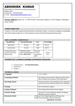 Electronics Freshers Resume......Abhishek kumar,C.T.A.E Udaipur(Raj.) | PDF