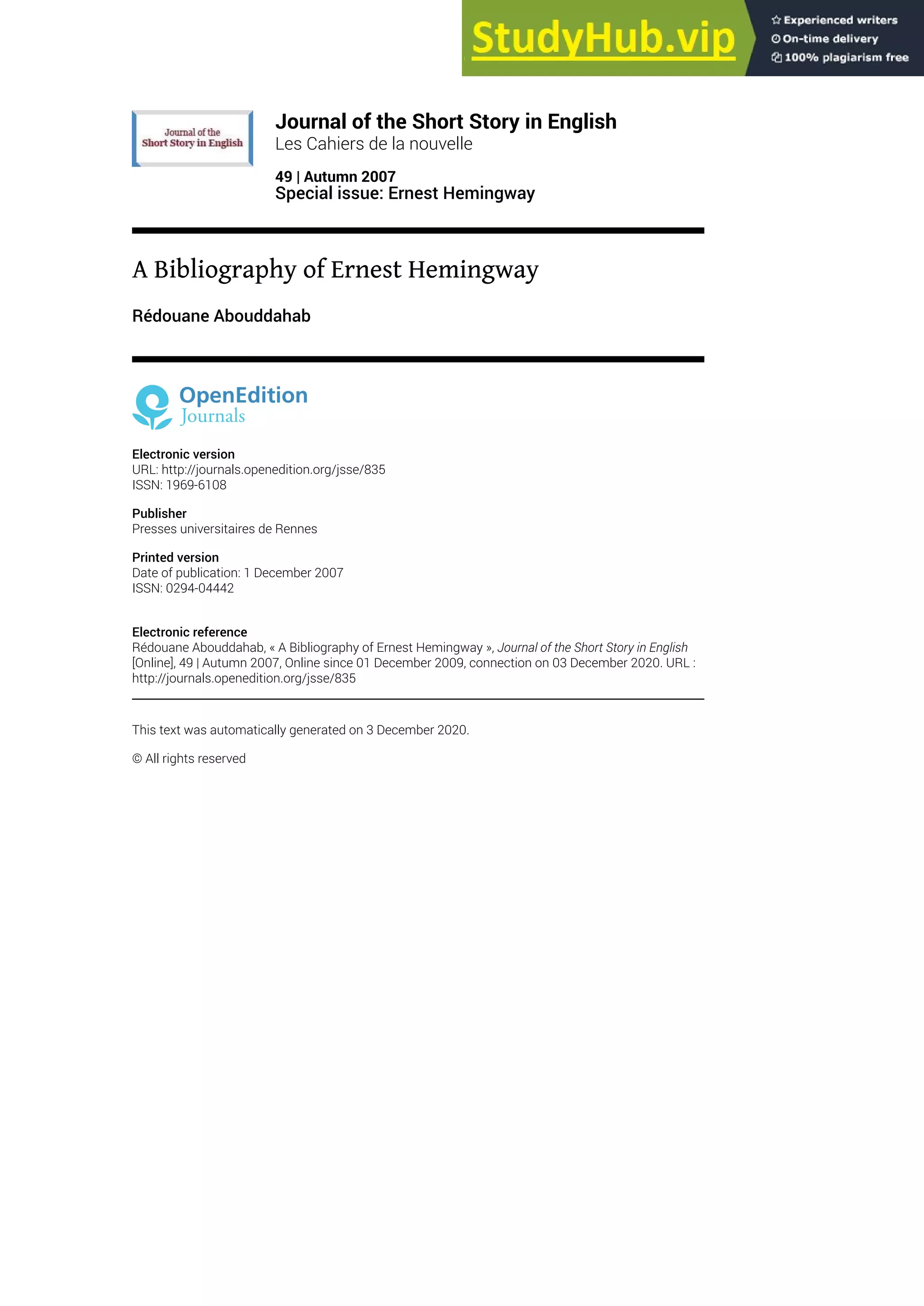 A Bibliography Of Ernest Hemingway | PDF