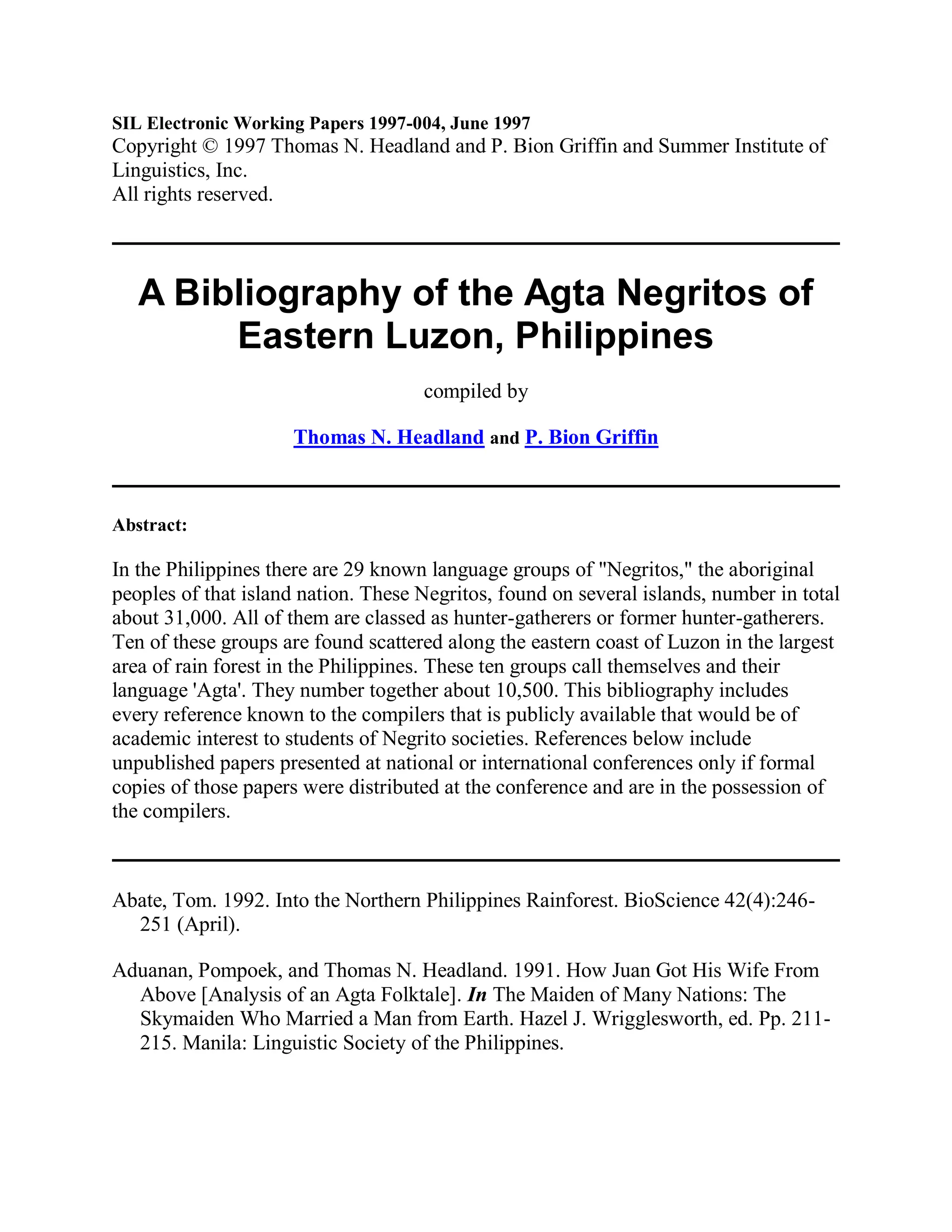 A bibliography of the agta negritos of eastern luzon, philippines | PDF