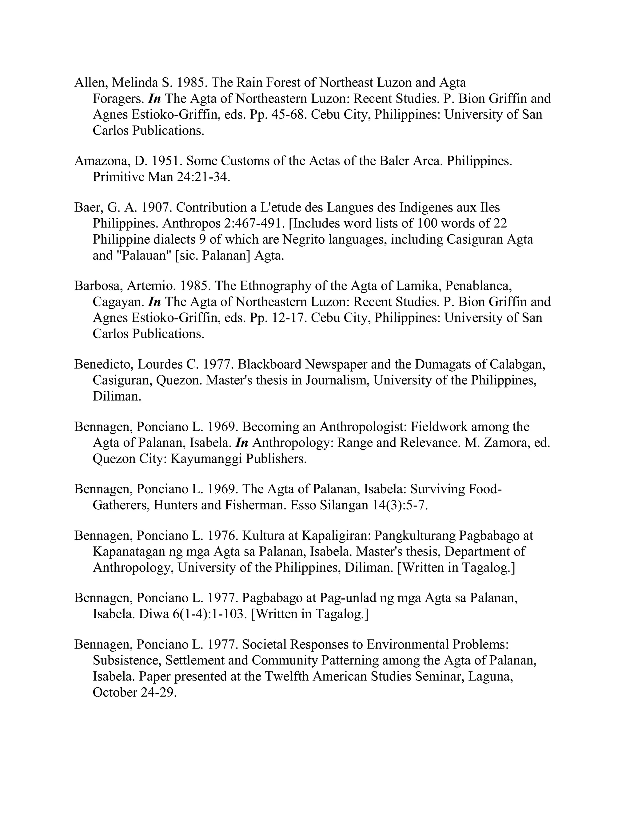 A bibliography of the agta negritos of eastern luzon, philippines | PDF