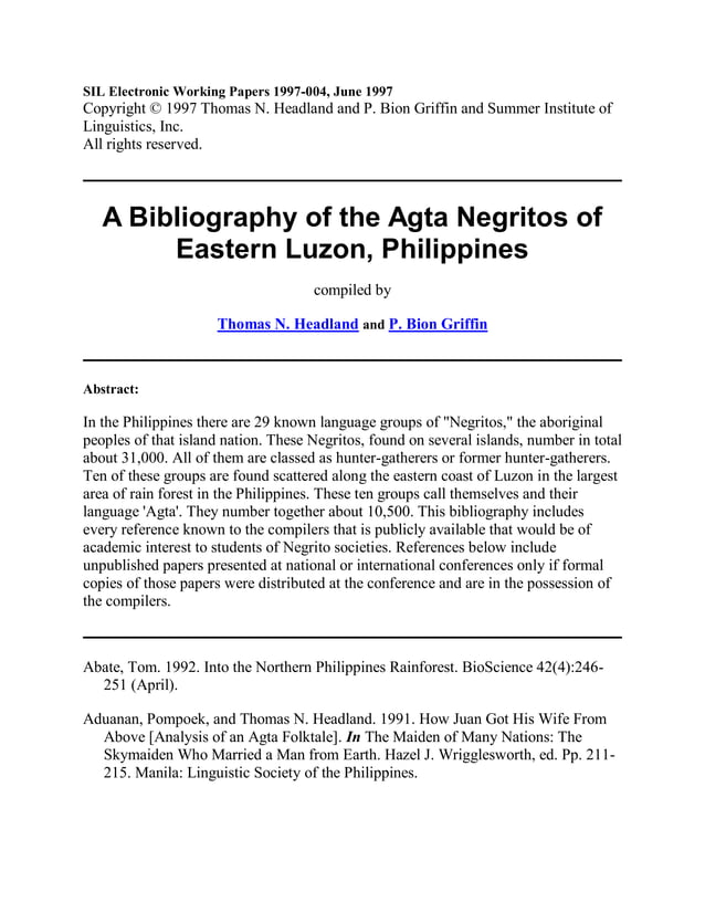 A bibliography of the agta negritos of eastern luzon, philippines | PDF