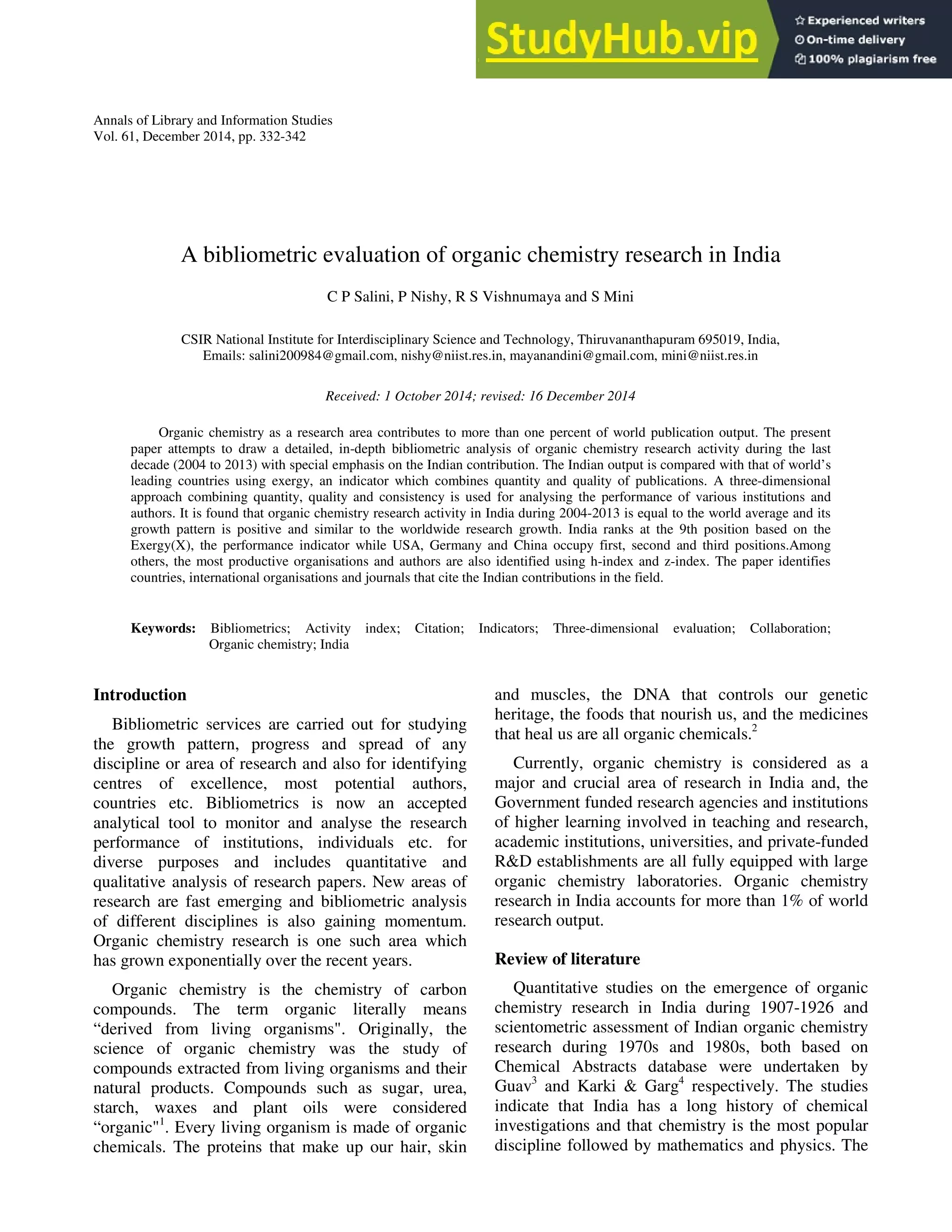 A Bibliometric Evaluation Of Organic Chemistry Research In India | PDF