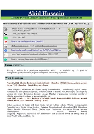 Abid Hussain Deputy Director Library, at The Institute of Strategic ...