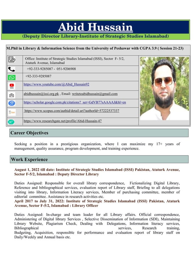 Abid Hussain Deputy Director Library, at The Institute of Strategic Studies Islamabad CV of 2024 ...