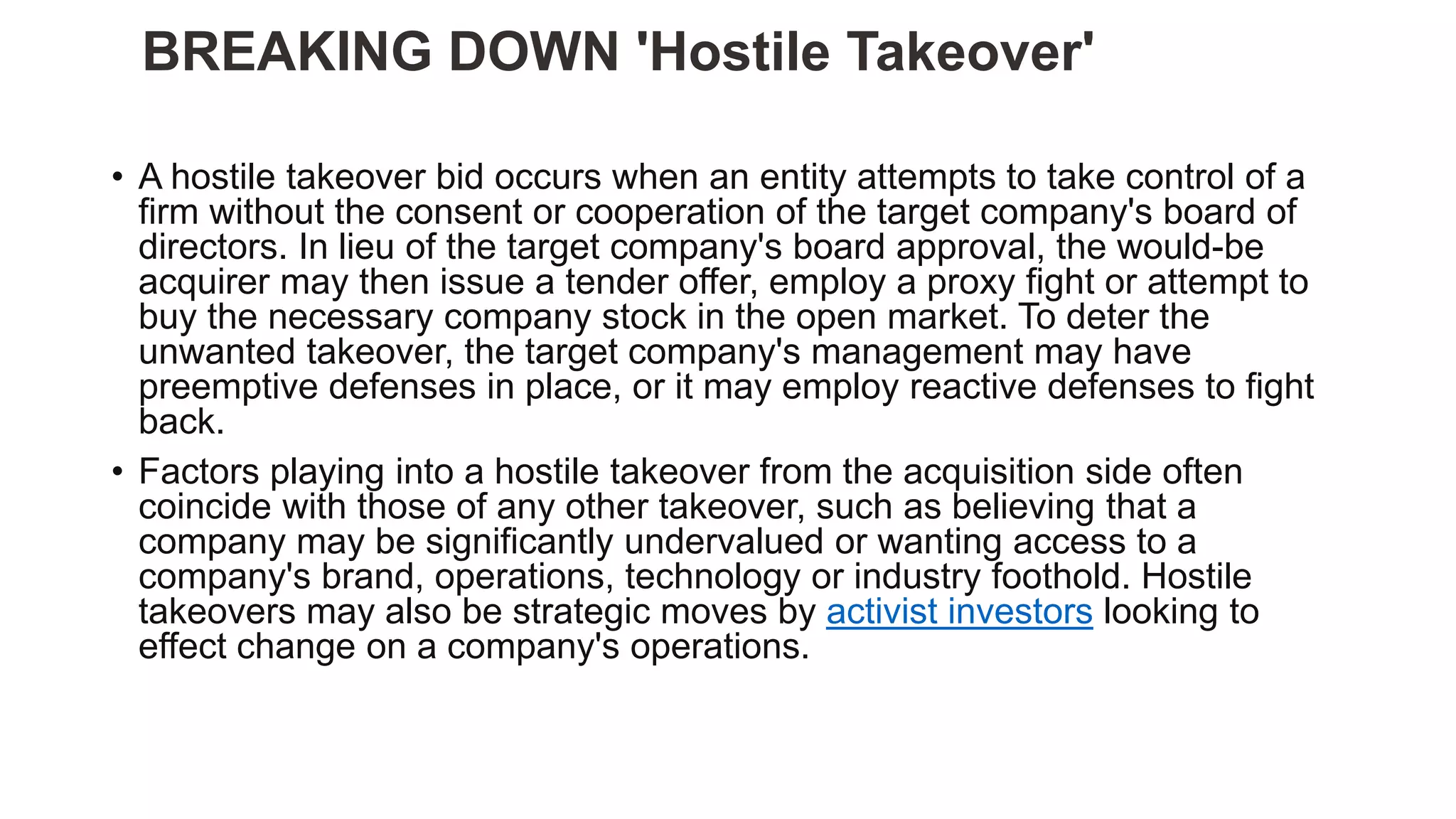 presentation about hostile takeover | PPTX | Mergers and Acquisitions ...