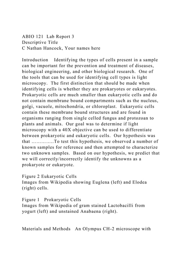 ABIO 121 Lab Report 3 Descriptive TitleC Nathan Hancock, .docx ...