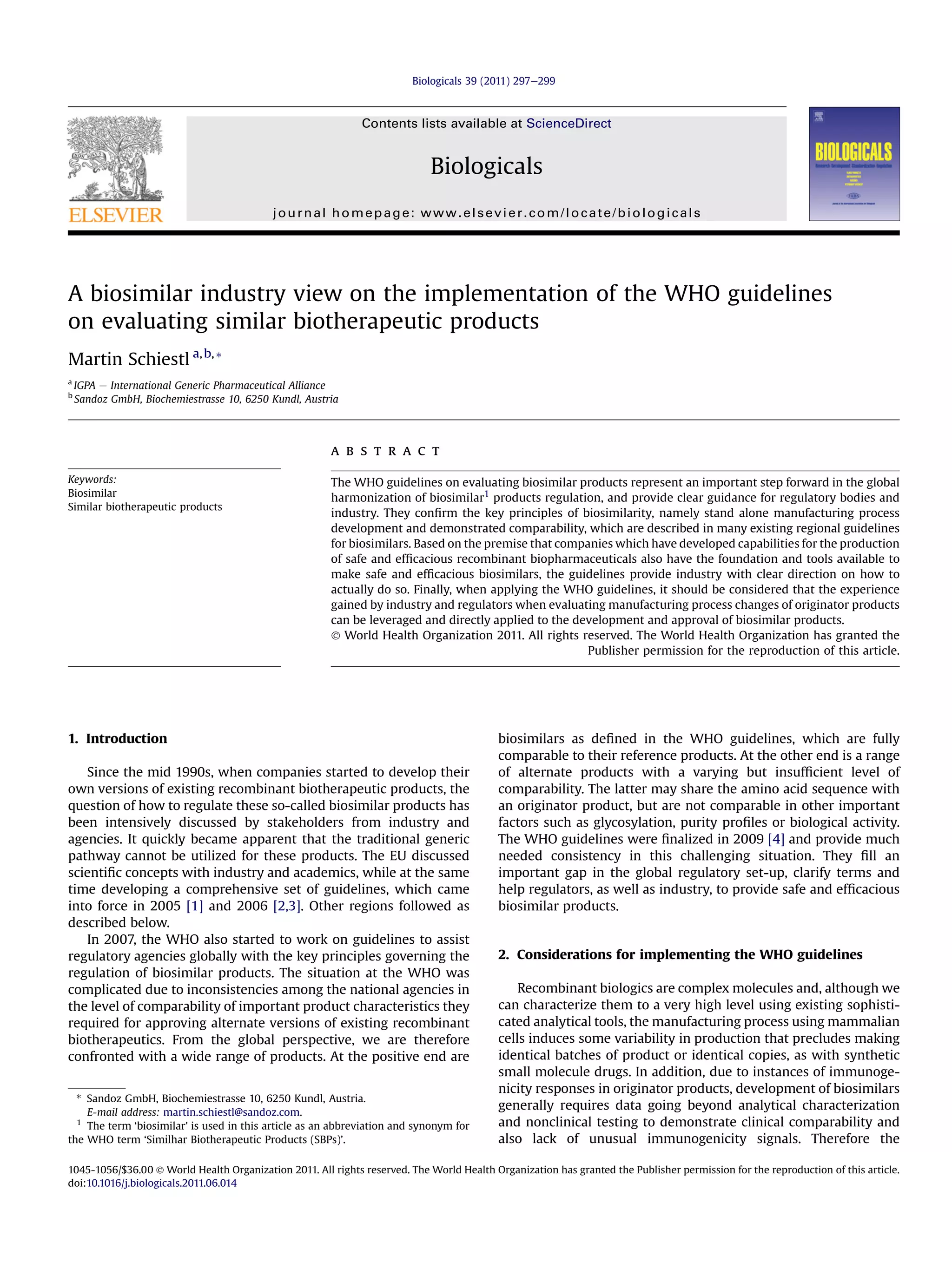 A biosimilar industry view on the implementation of the who guidelines on evaluating sb ps | PDF