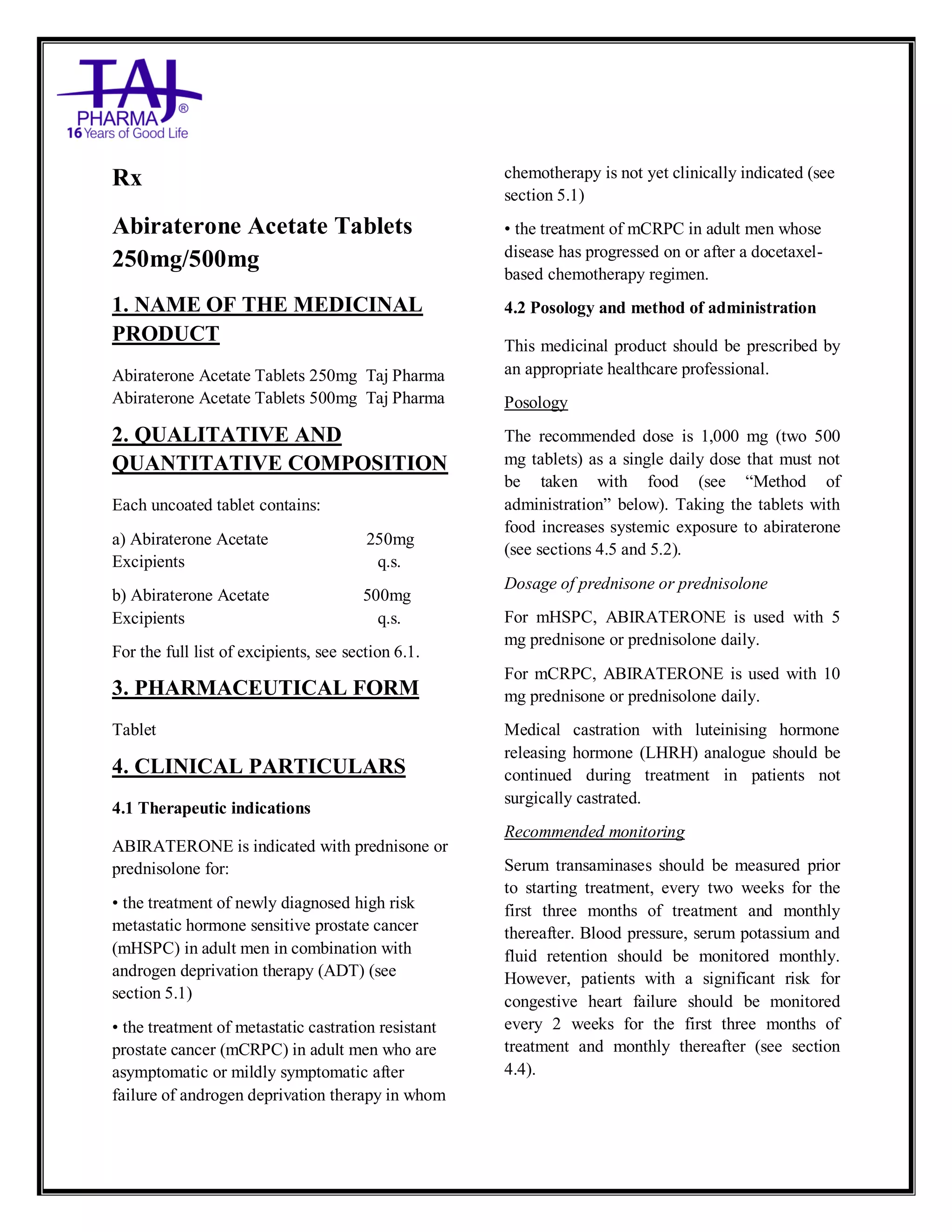 Abiraterone Acetate Tablets Taj Pharma SmPC | PDF