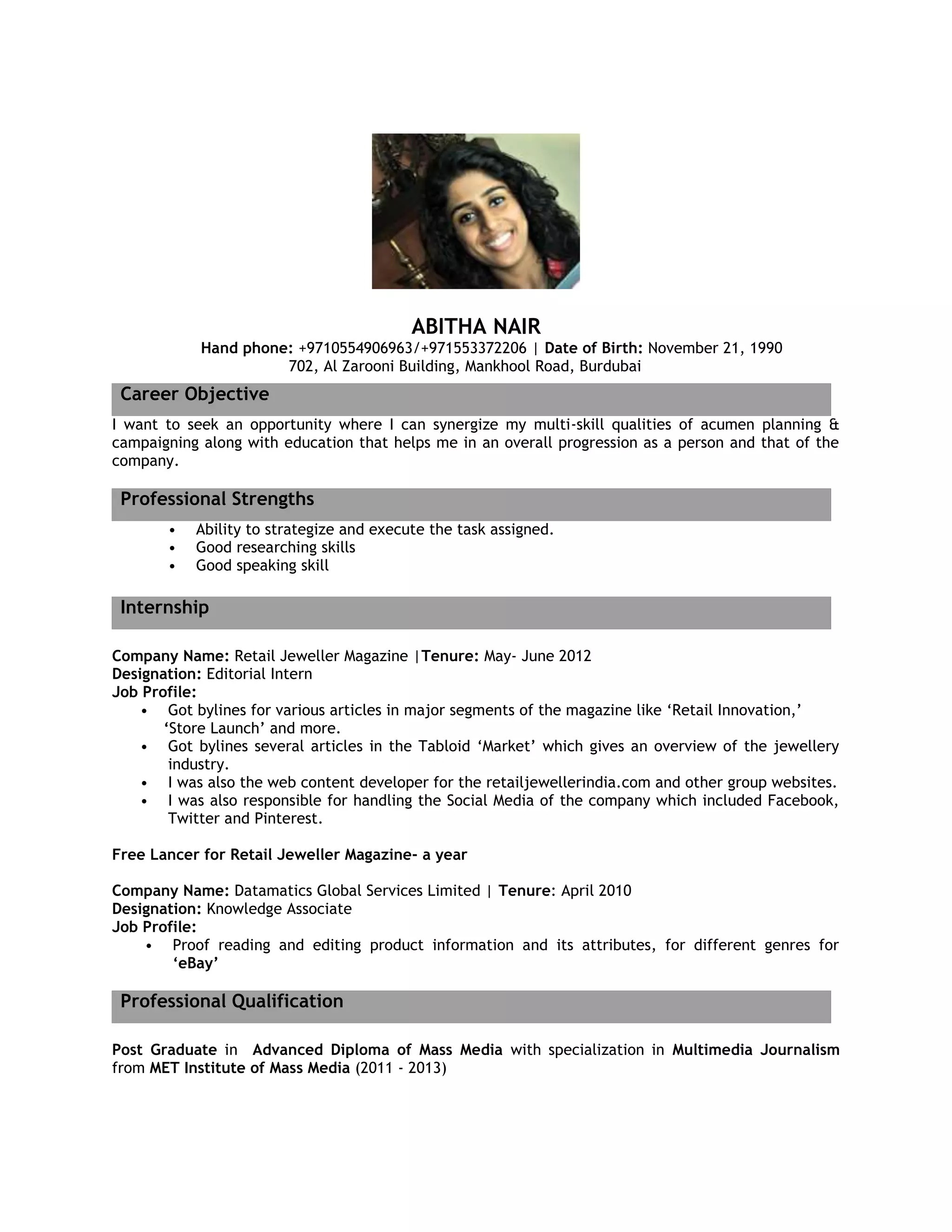 Abitha Nair Resume | DOCX
