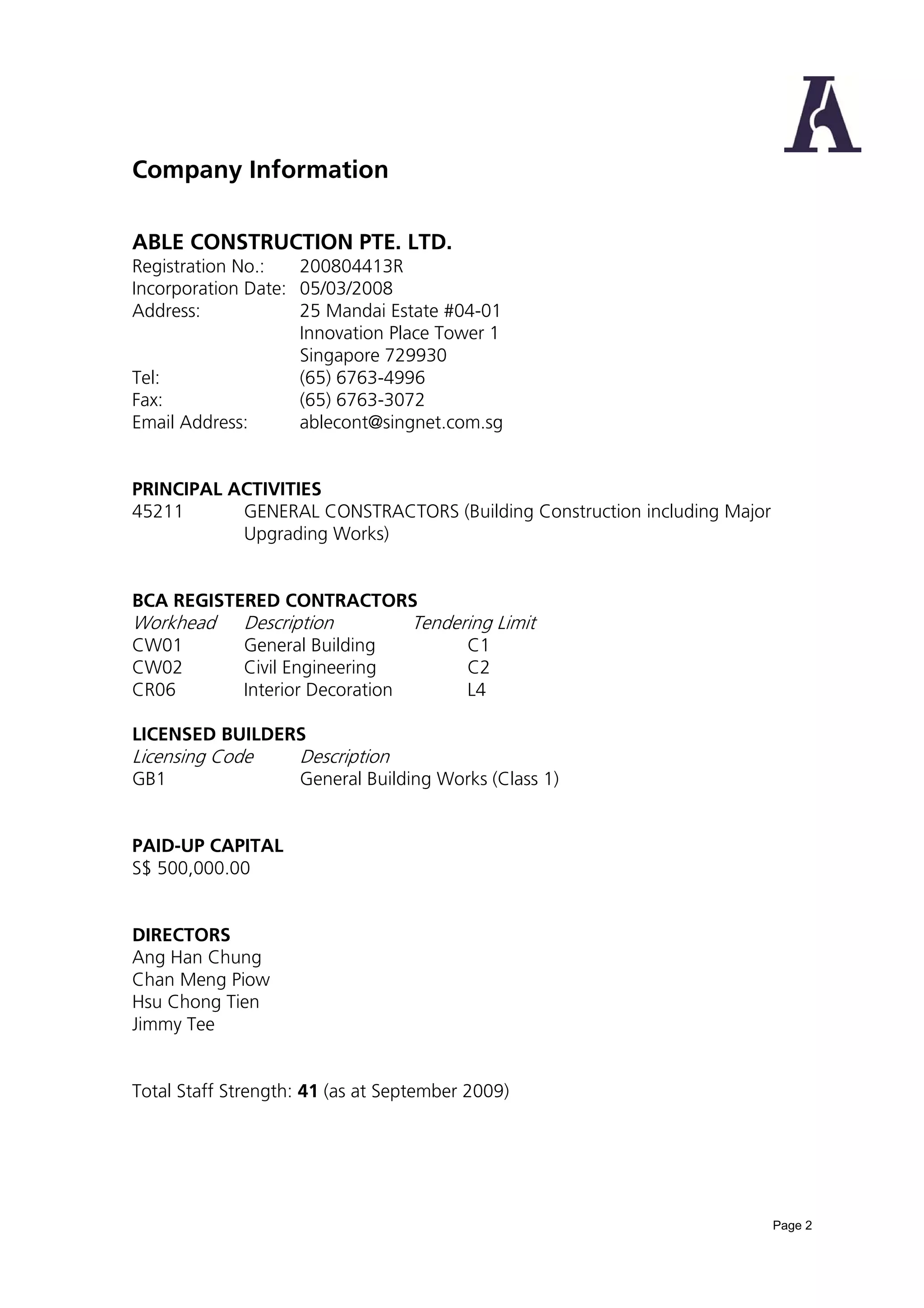 Able construction pte ltd company profile | PDF