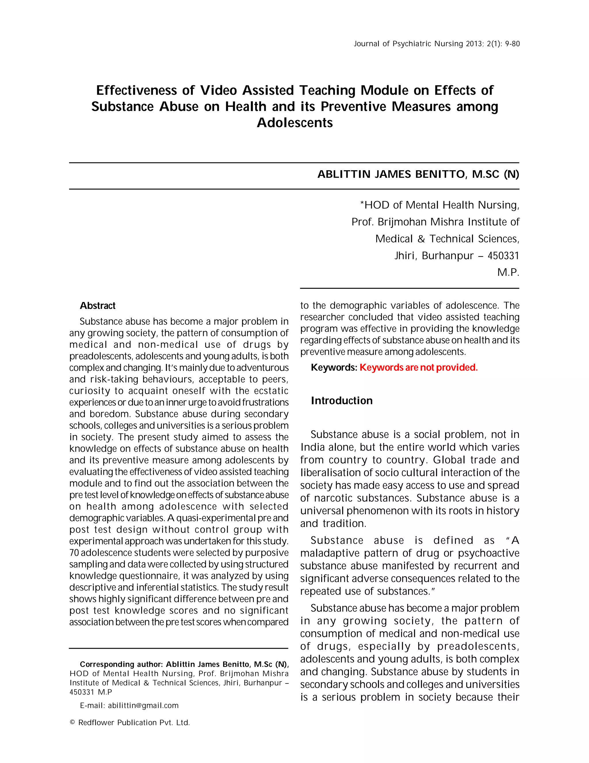 Effectiveness of Video Assisted Teaching Module on Effects of Substance ...