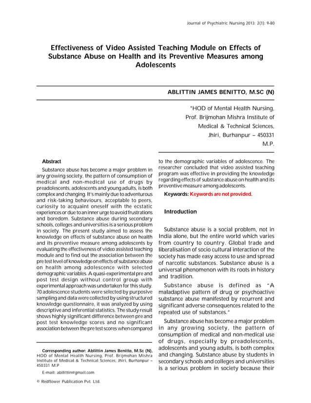 Effectiveness of Video Assisted Teaching Module on Effects of Substance ...