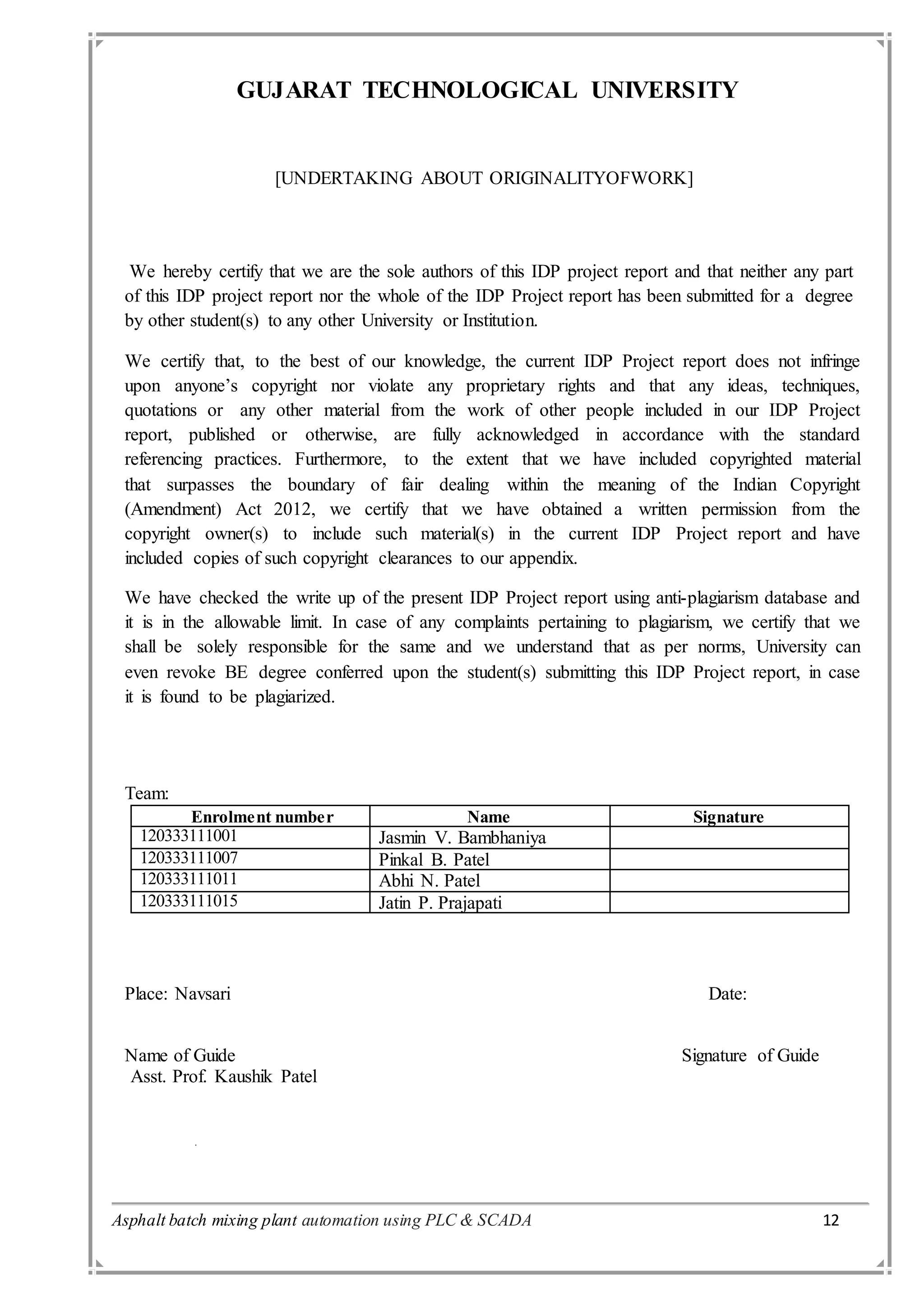 Asphalt batch process with PLC & SCADA full report | DOCX