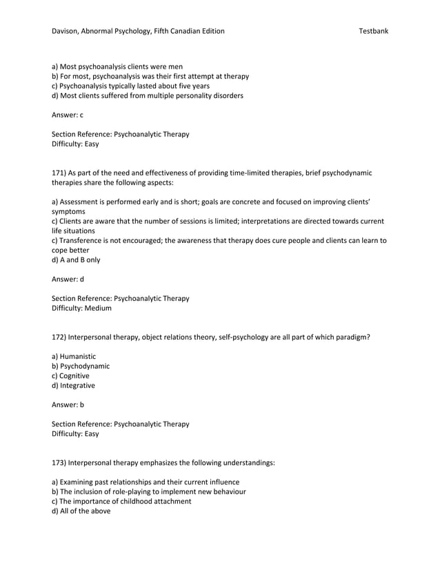 Abnormal Psychology Canadian 5th Edition Davison Test Bank | PDF