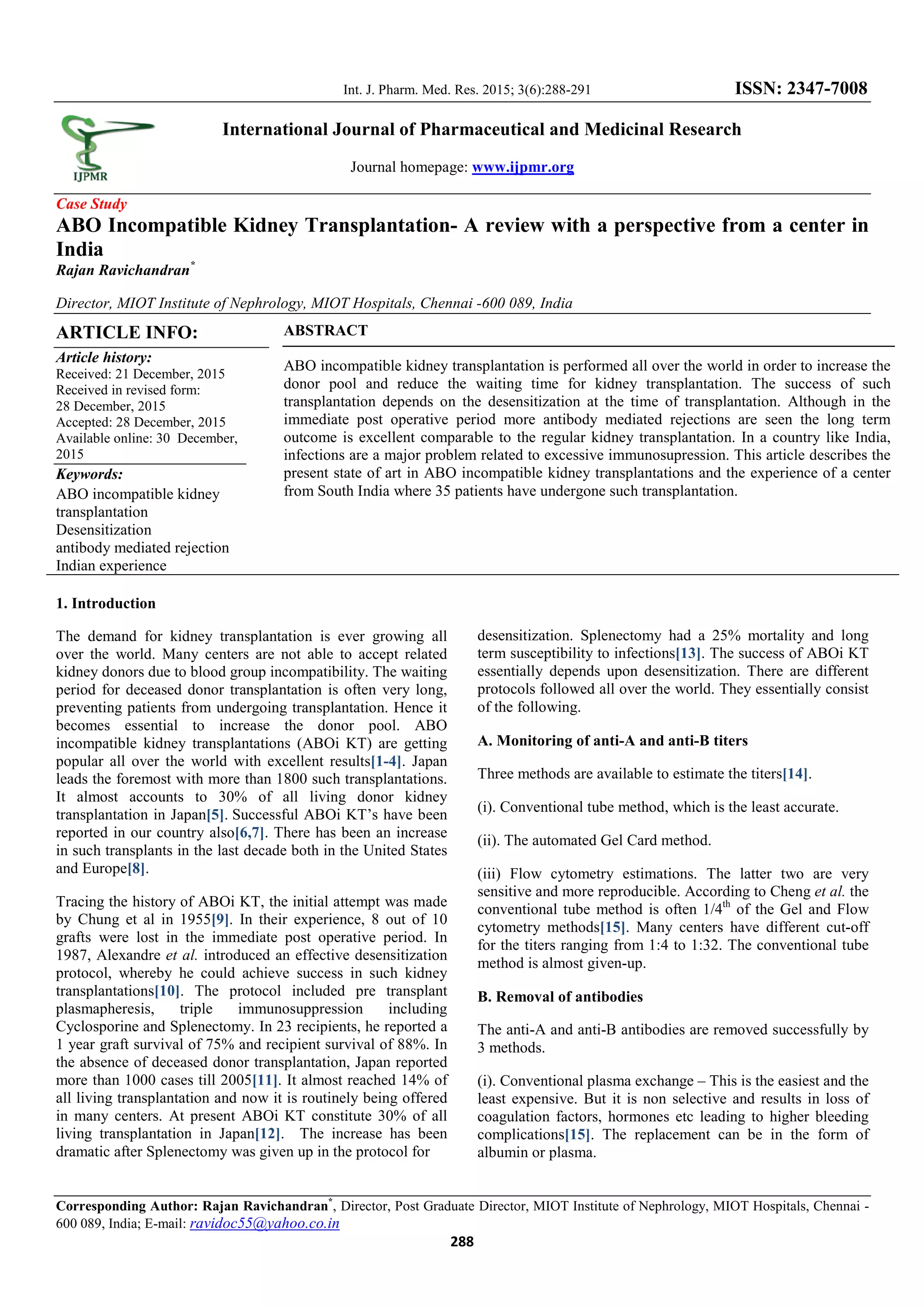 ABO Incompatible Kidney Transplantation- a review with a perspective ...