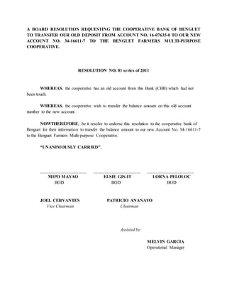 A board resolution requesting the cooperative bank of benguet to ...