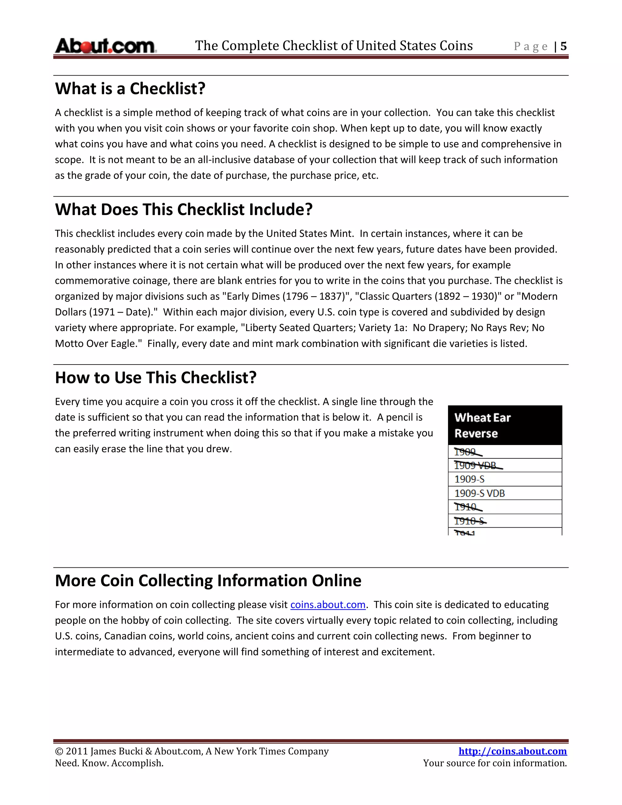 About.com complete-us-coin-checklist | PDF | Stamps and Coins | Collecting