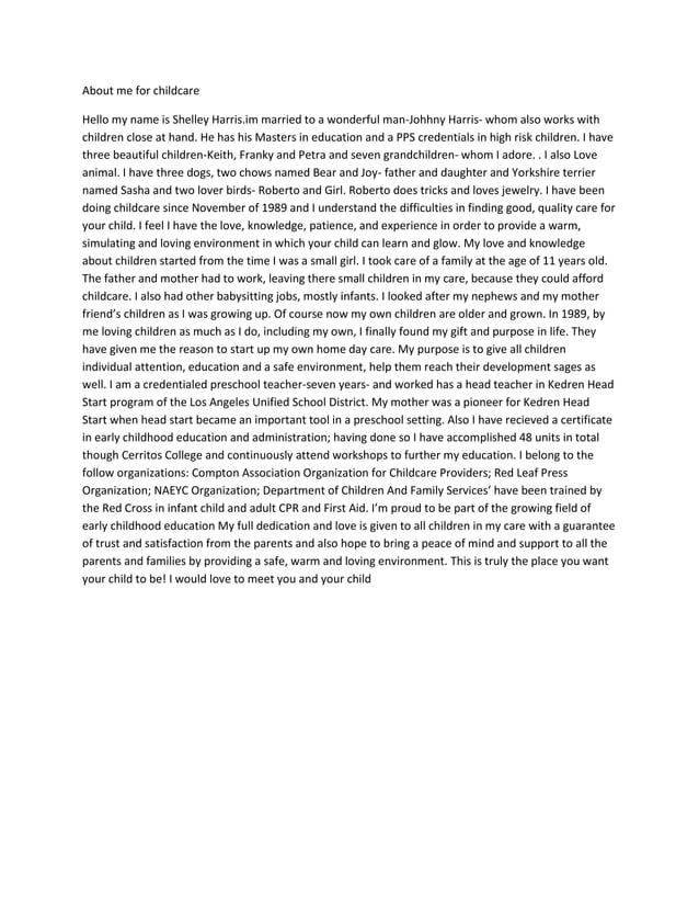 About Me For Childcare | DOCX