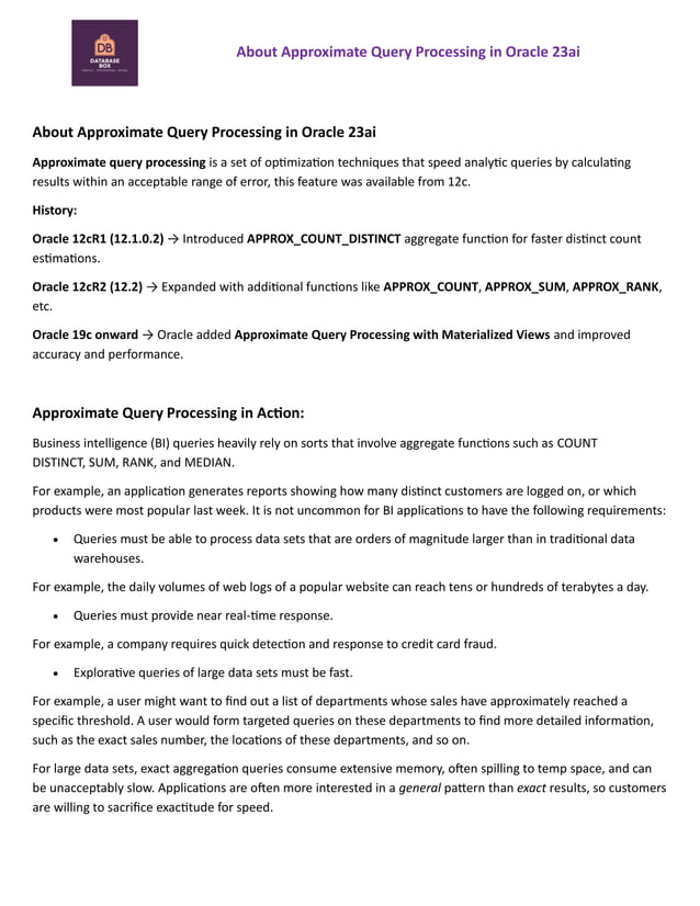About Approximate Query Processing in Oracle | PDF