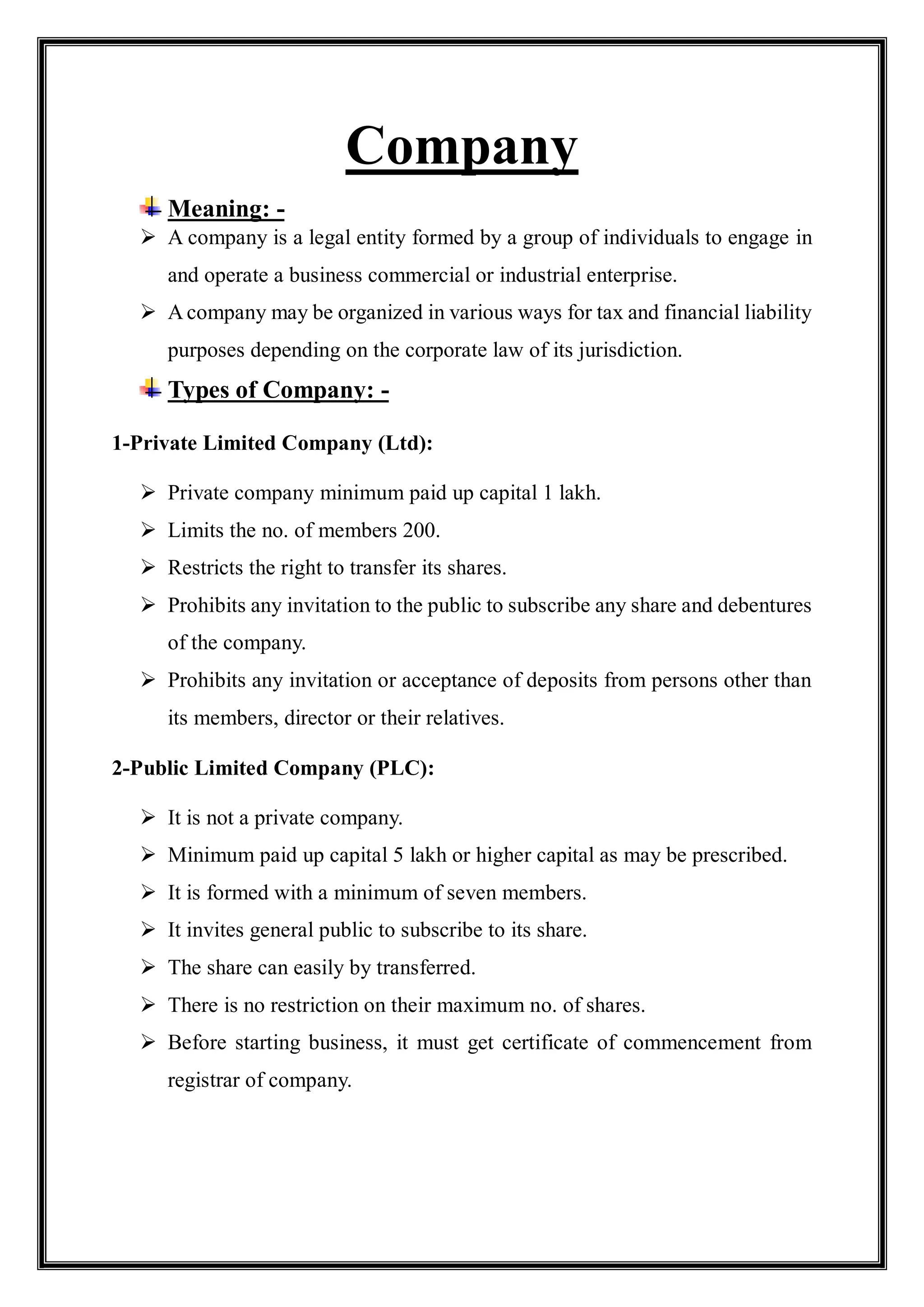 Meaning of Company and Types, Pvt. Ltd & Public ltd Company | PDF