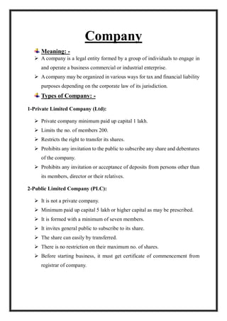 Meaning of Company and Types, Pvt. Ltd & Public ltd Company | PDF