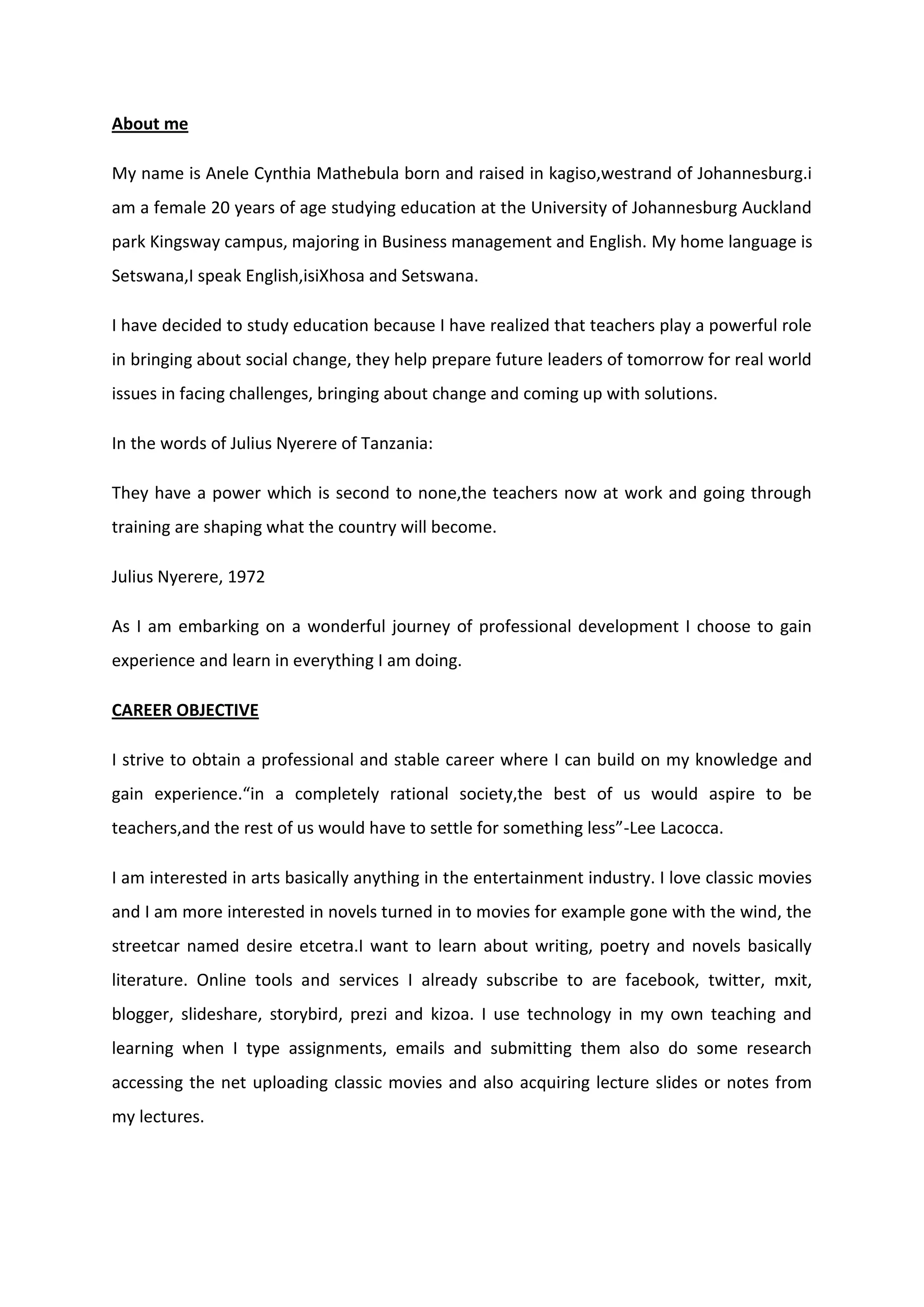 About me | DOCX | Career Planning | Careers