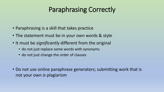 Paraphrasing & Avoiding Plagiarism | PPTX