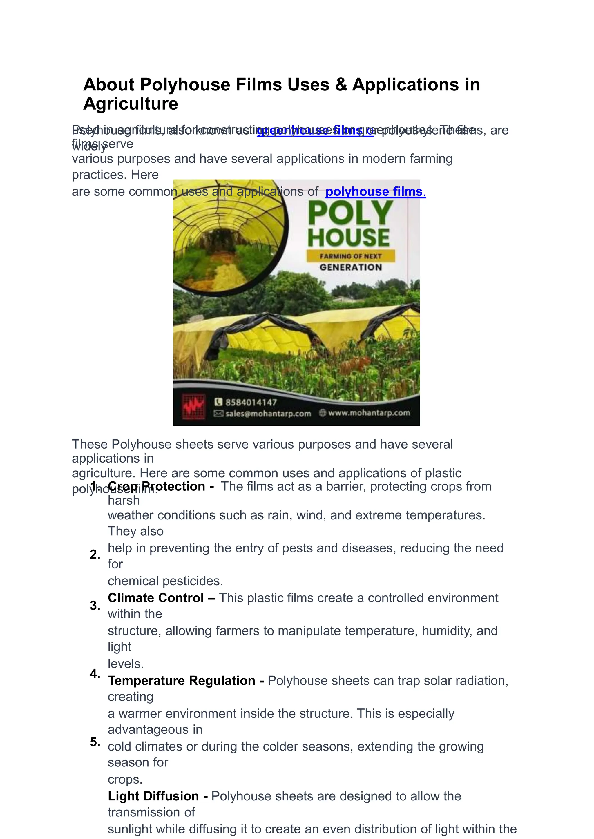 About Polyhouse Films Uses and applications in agriculture | PPTX