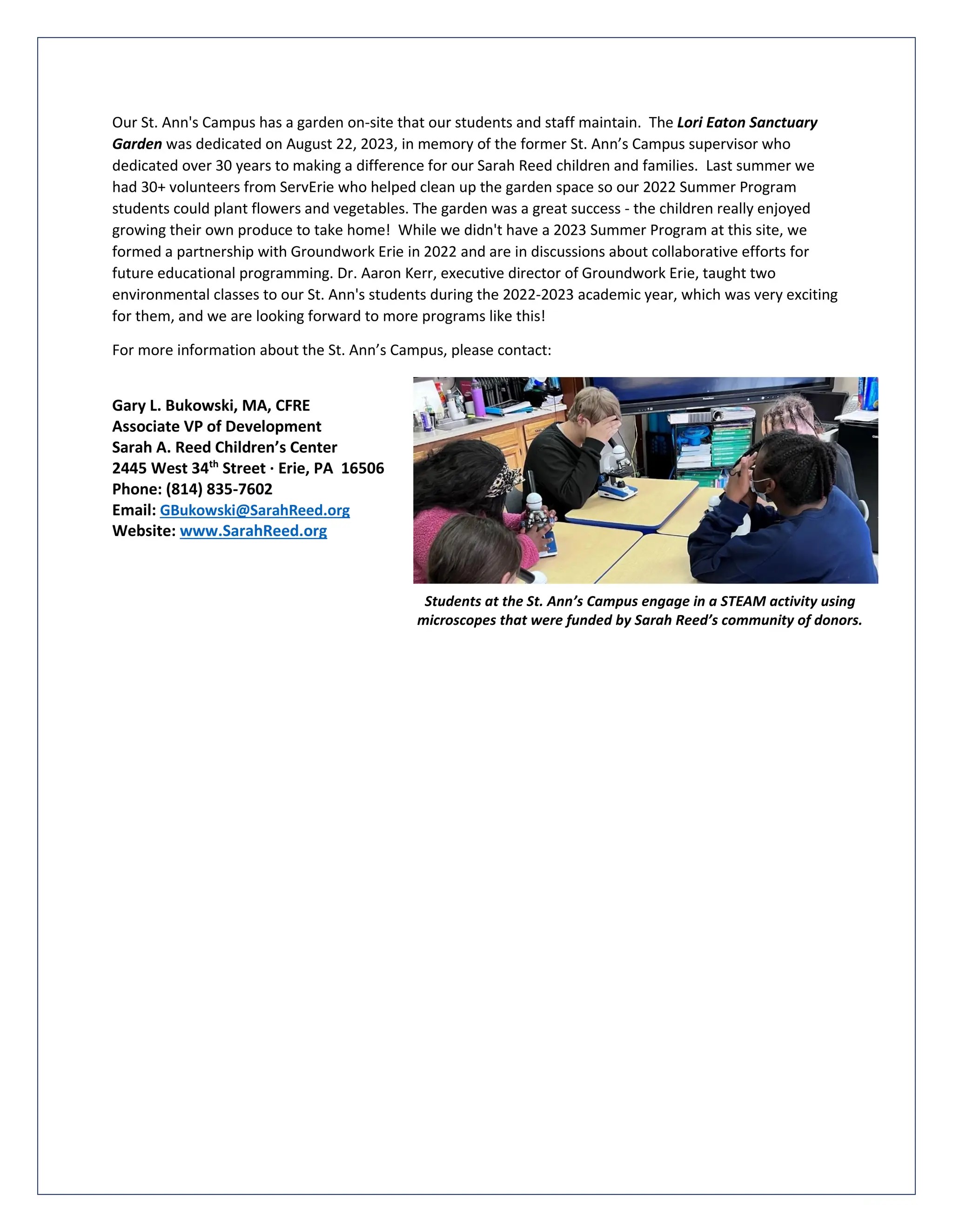 About the St. Ann's Campus Erie PA Sarah Reed Children's Center | PDF