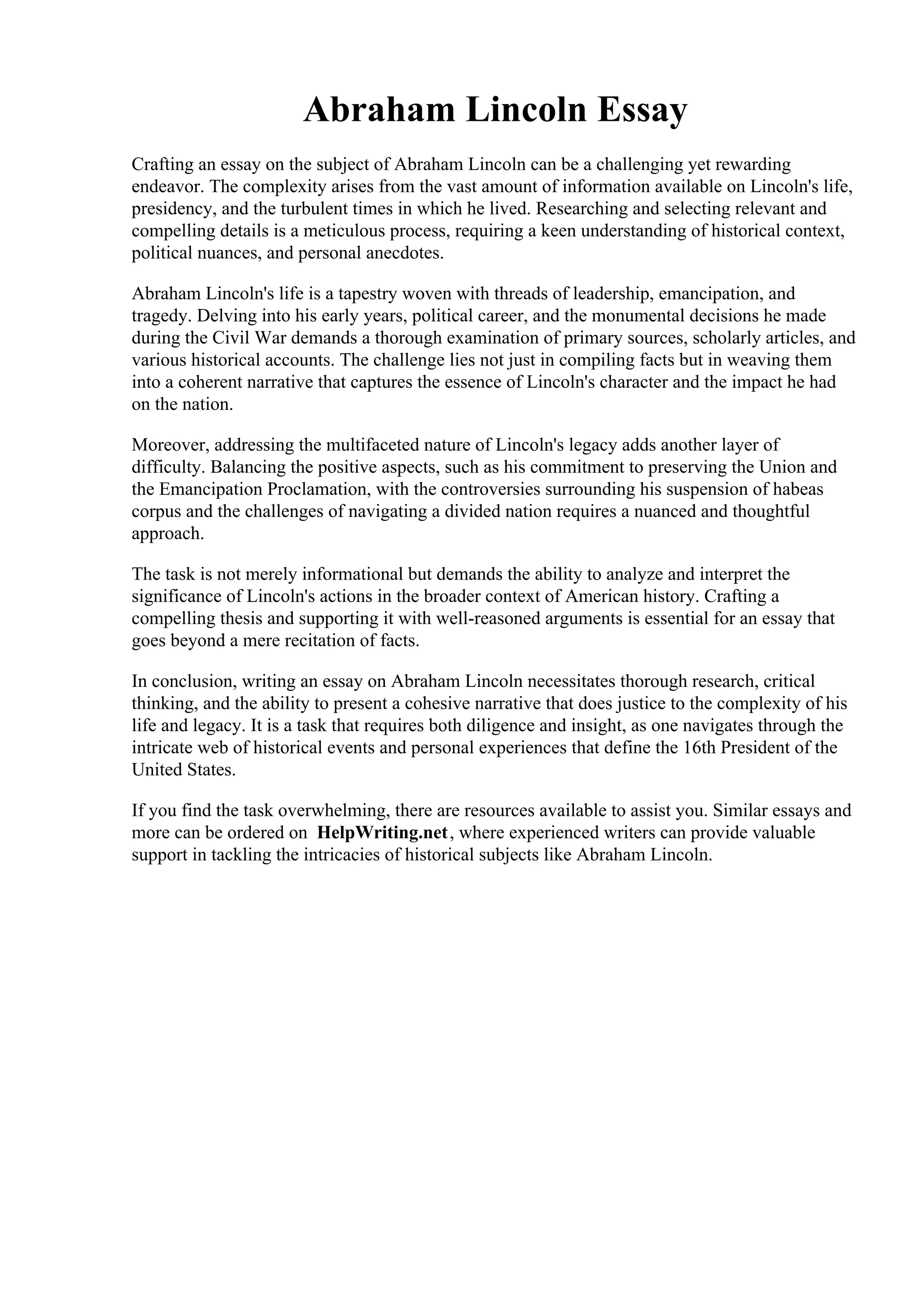 Abraham Lincoln Essay | PDF