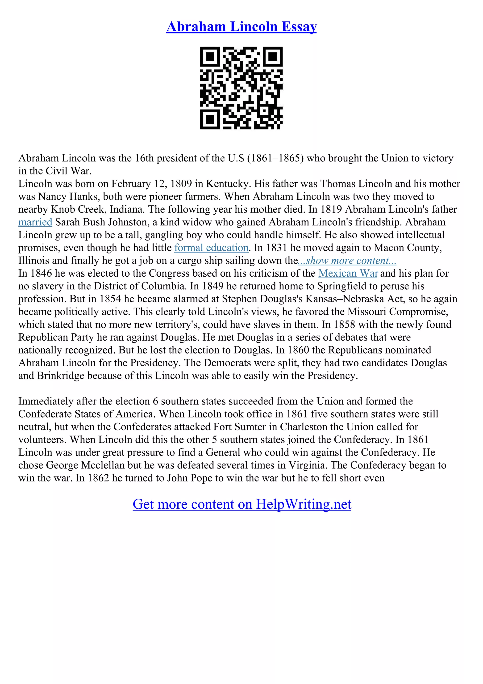 Abraham Lincoln Essay Paper | PDF
