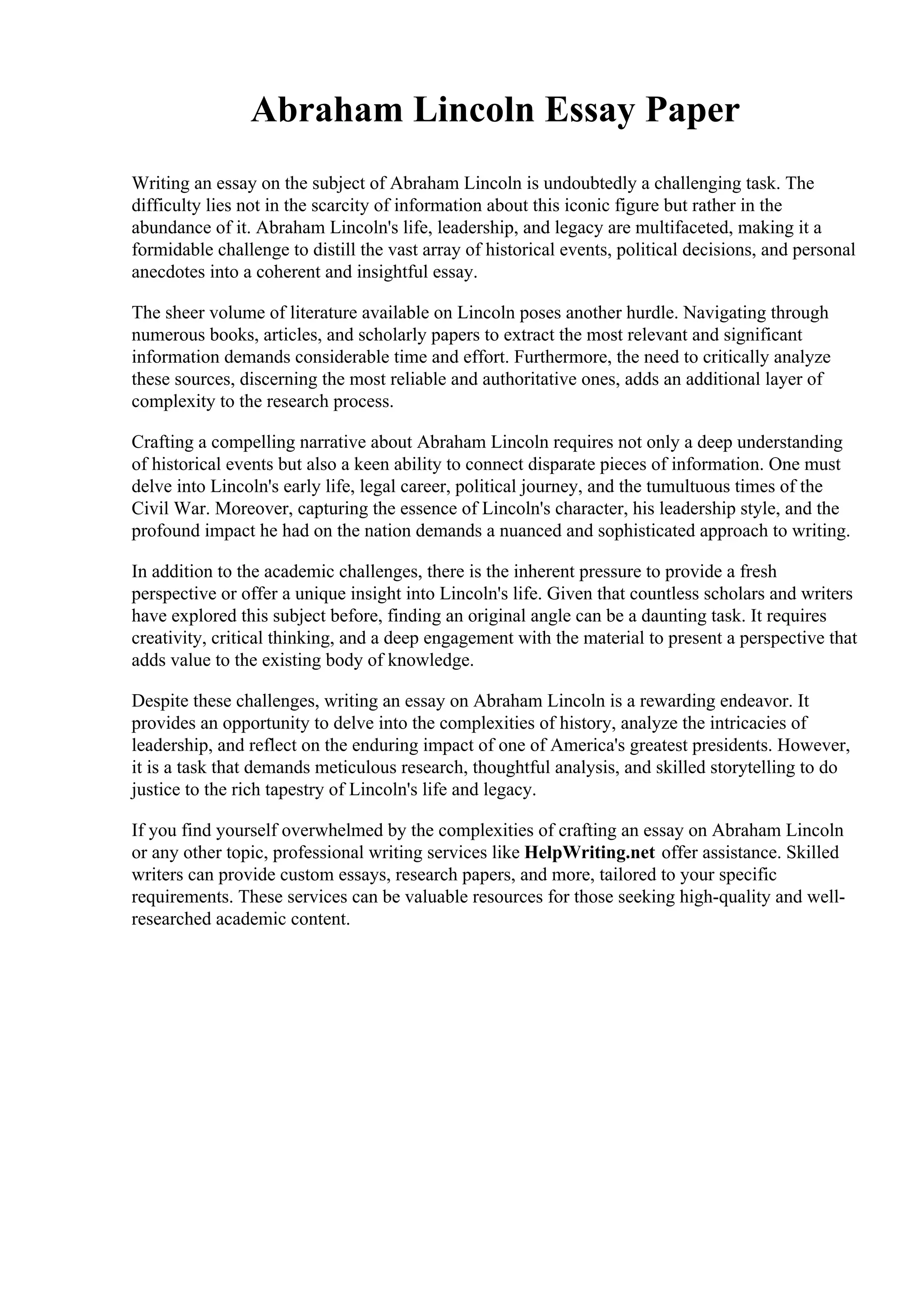 Abraham Lincoln Essay Paper | PDF