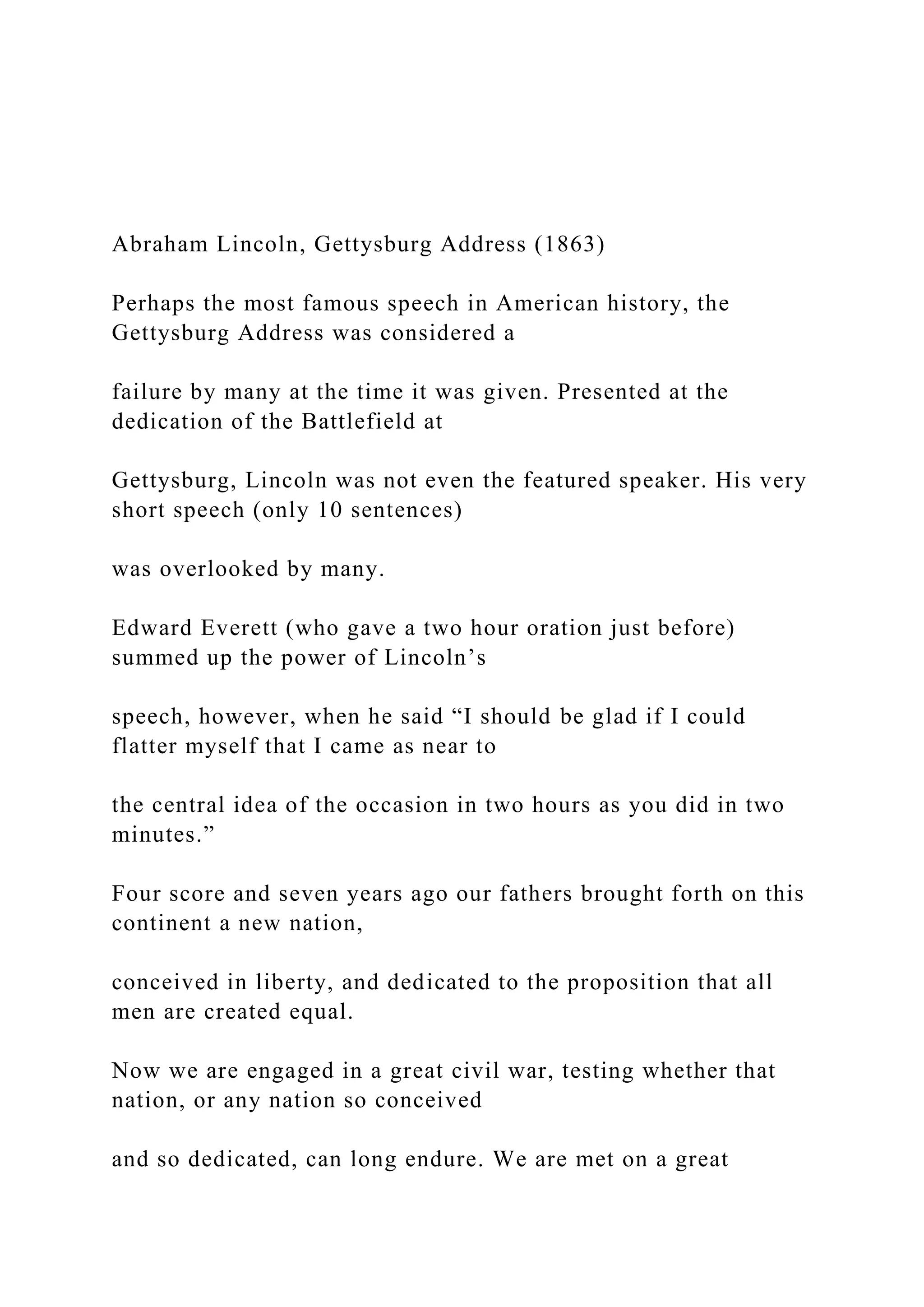Abraham Lincoln, Gettysburg Address (1863) Perhaps the mos.docx | Death ...