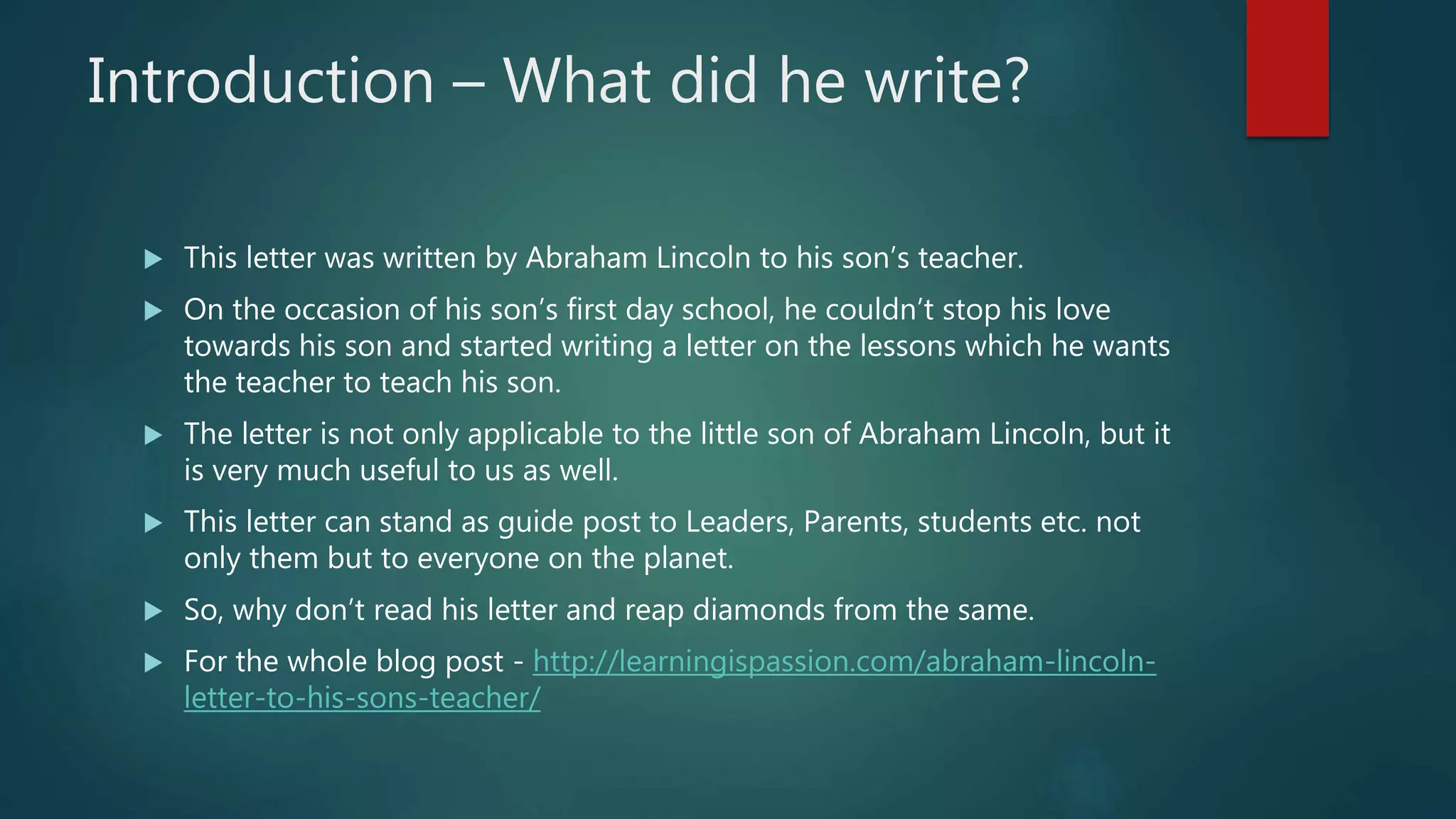 Abraham lincoln's letter to his son’s teacher | PPTX