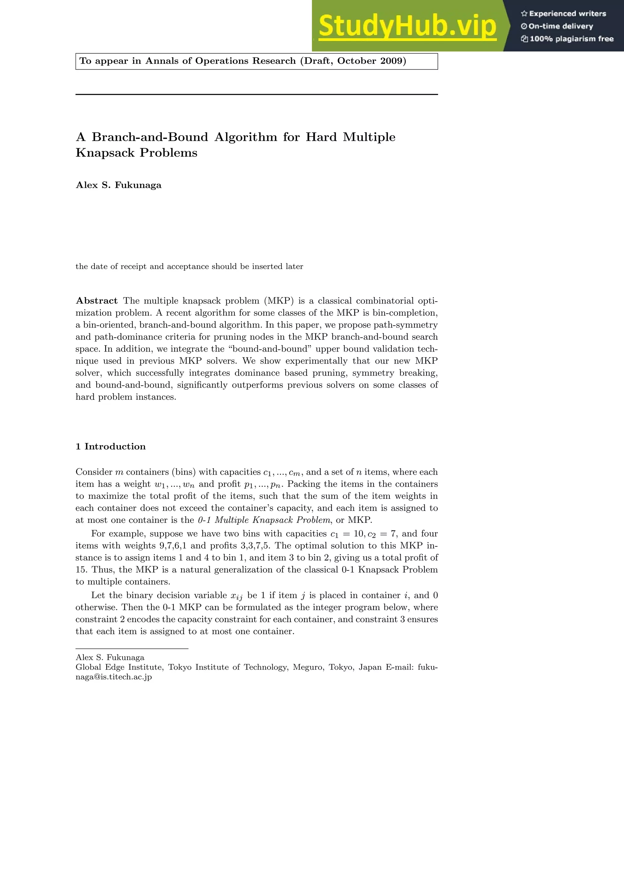A Branch And Bound Algorithm For Hard Multiple Knapsack Problems Pdf 4398