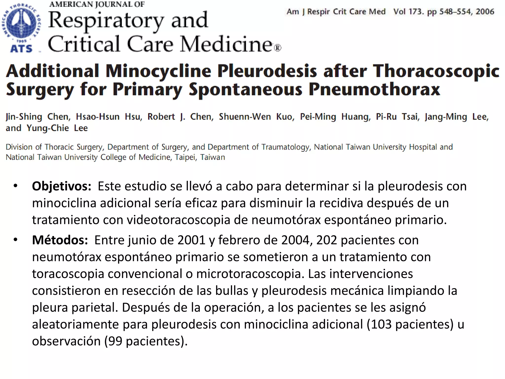 Abrasion mecanica versus pleurodesis quimica en ntx primario espontaneo ...