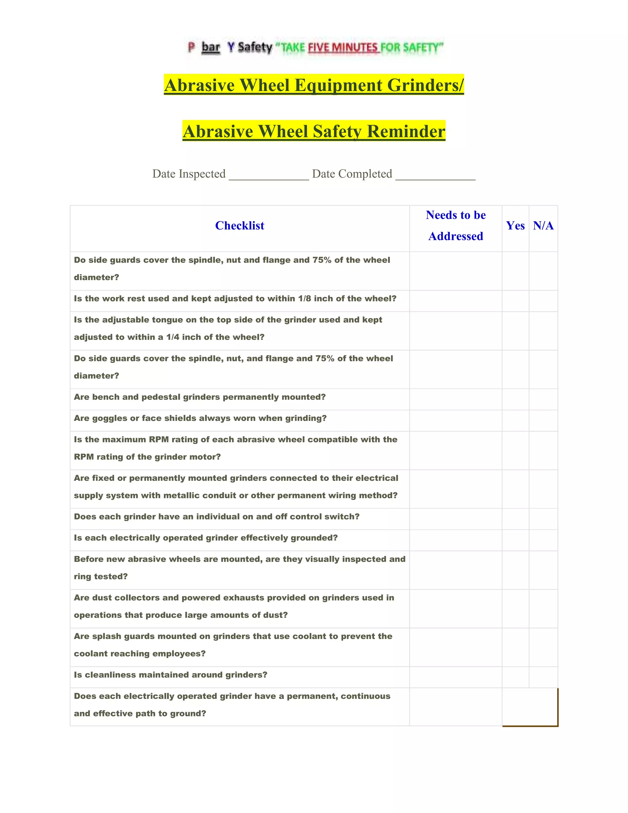 Abrasive wheel equipment grinders checklist | PDF