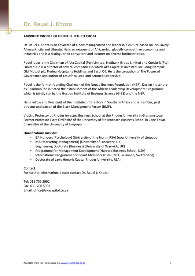 Abridged profile of dr reuel j khoza 072011 | PDF
