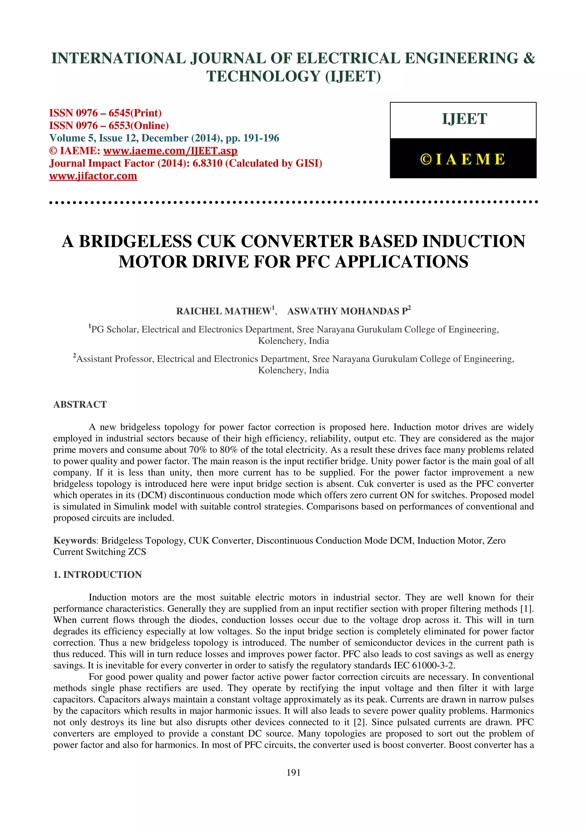 A bridgeless cuk converter based induction motor drive for pfc ...