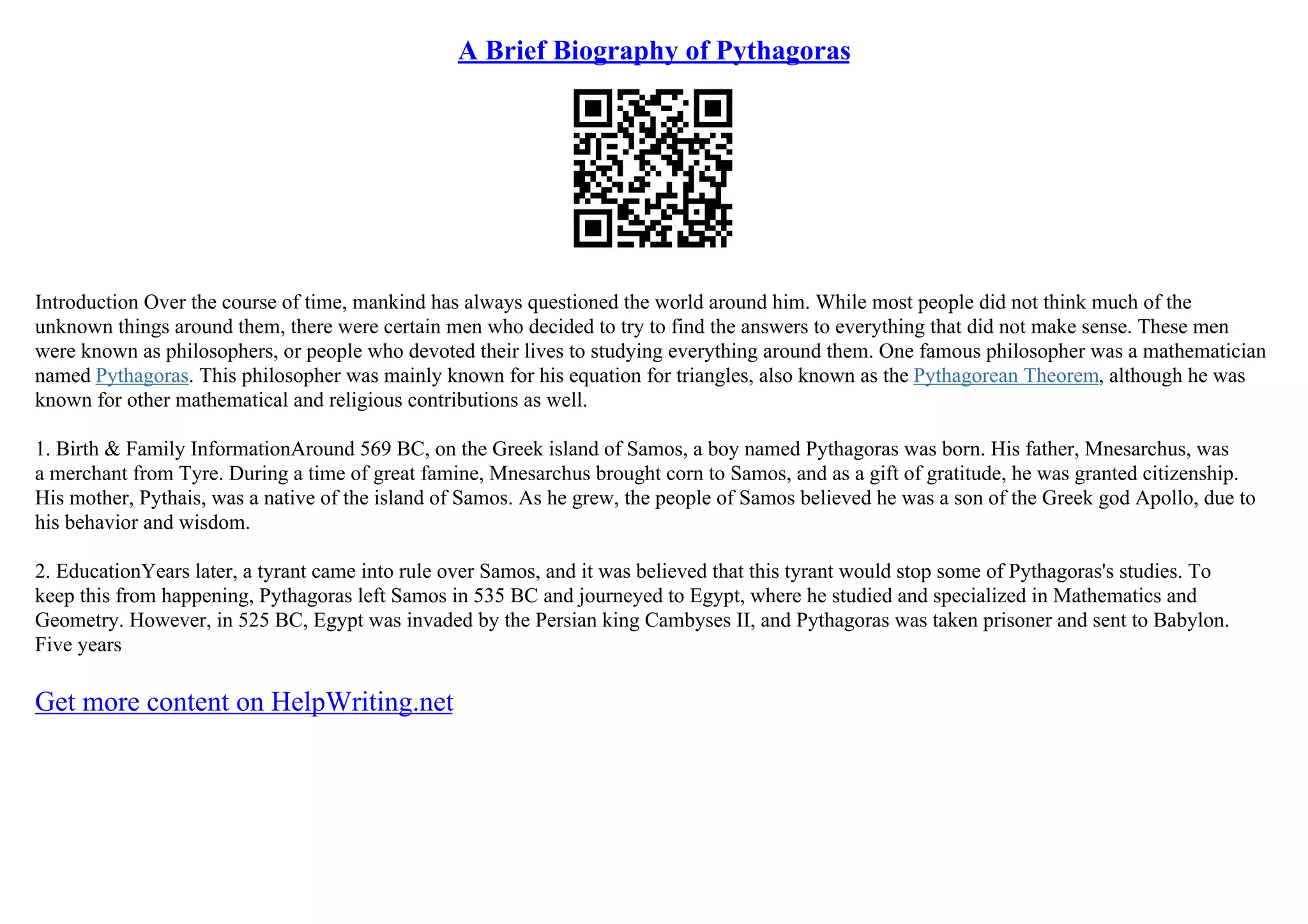 A Brief Biography Of Pythagoras | PDF