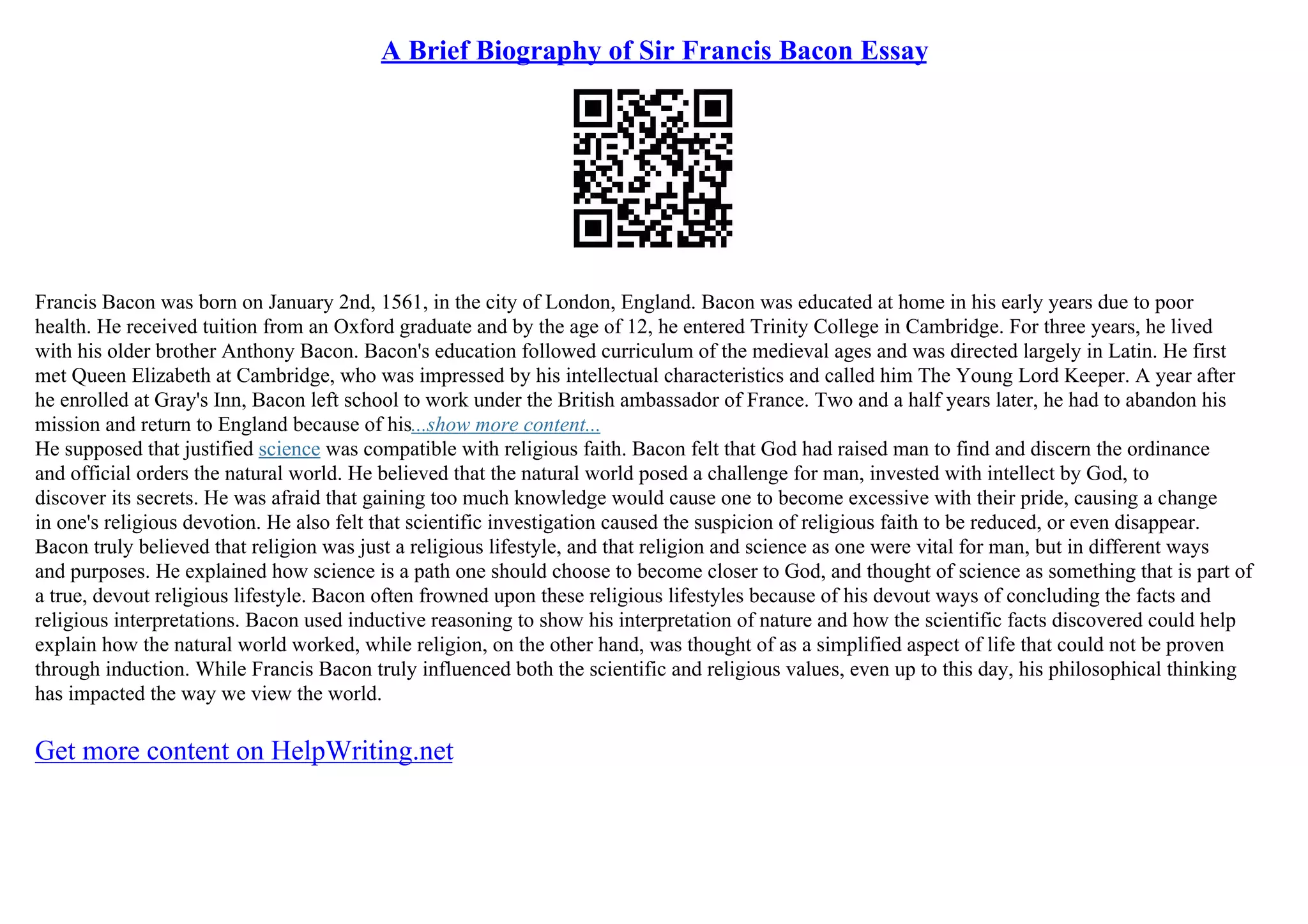 A Brief Biography Of Sir Francis Bacon Essay | PPT