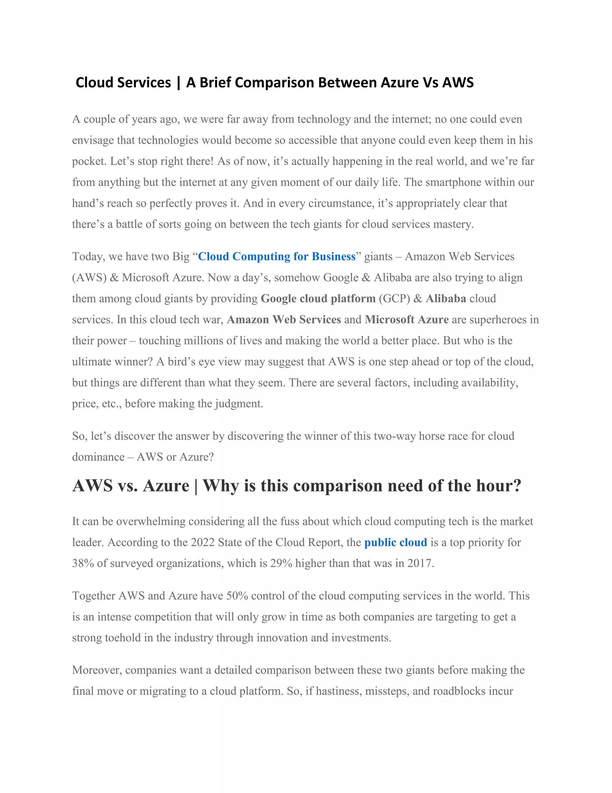 Cloud Services | A Brief Comparison Between Azure Vs AWS | DOCX