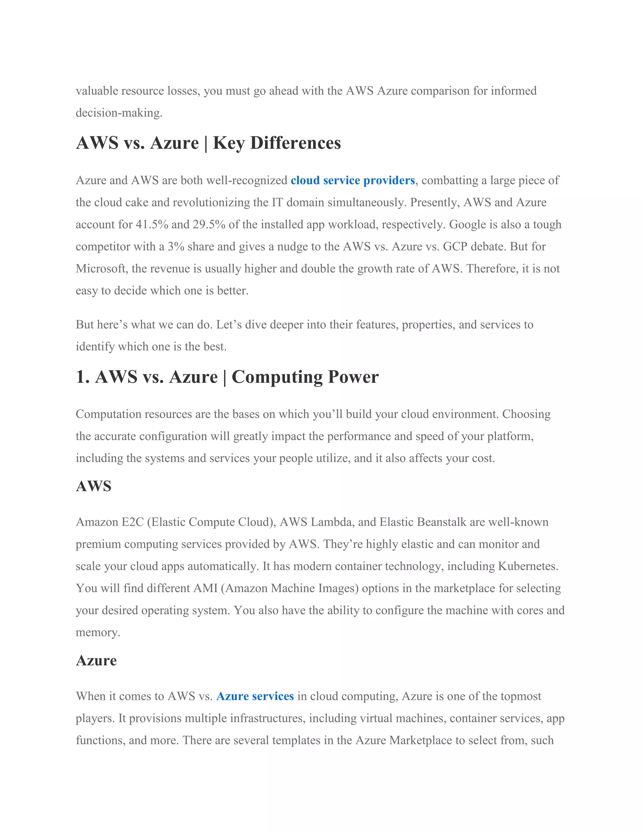 Cloud Services | A Brief Comparison Between Azure Vs AWS | DOCX
