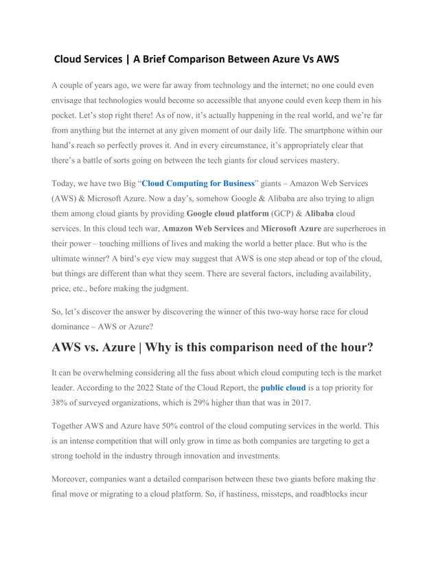 Cloud Services | A Brief Comparison Between Azure Vs AWS | PDF
