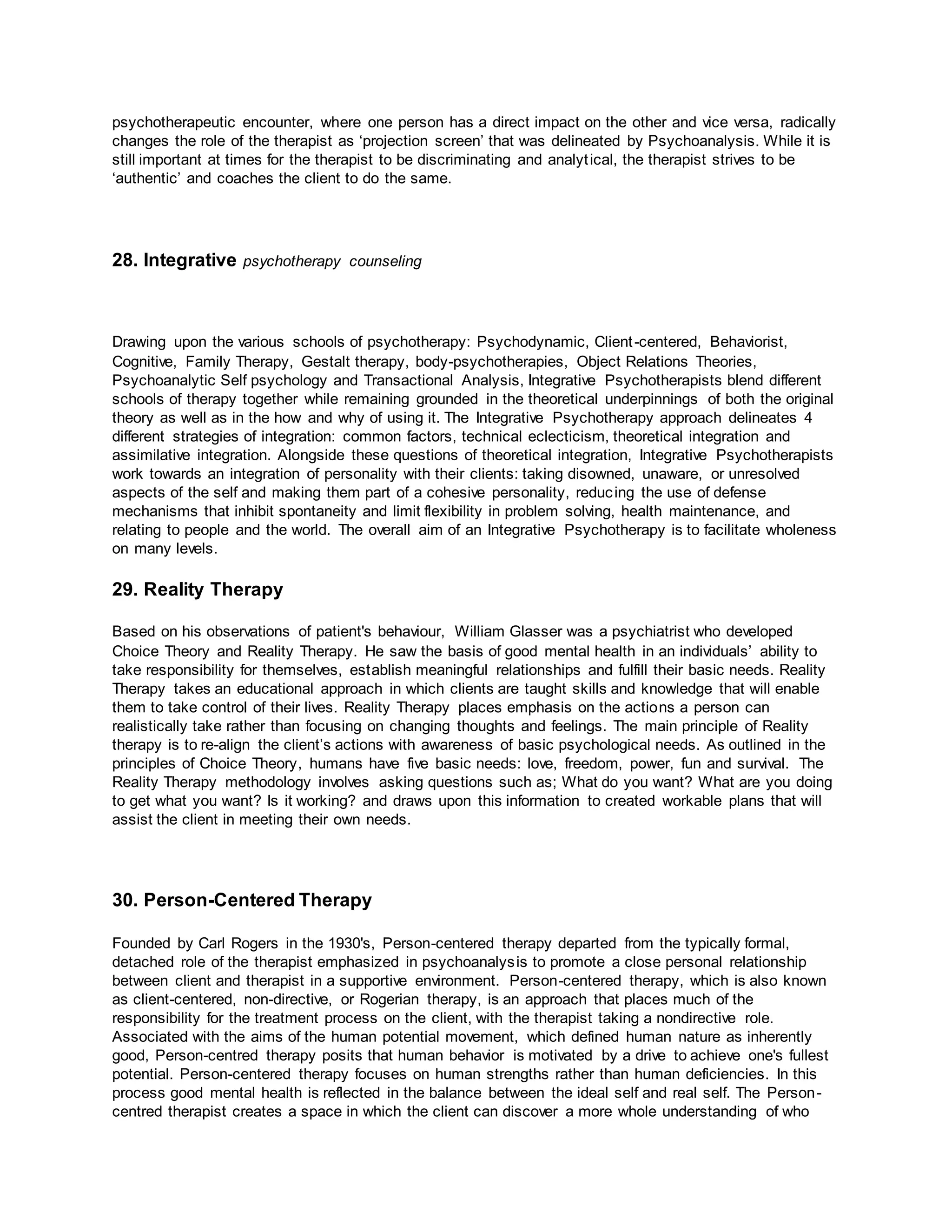 A brief description of the different types of psychotherapy and ...