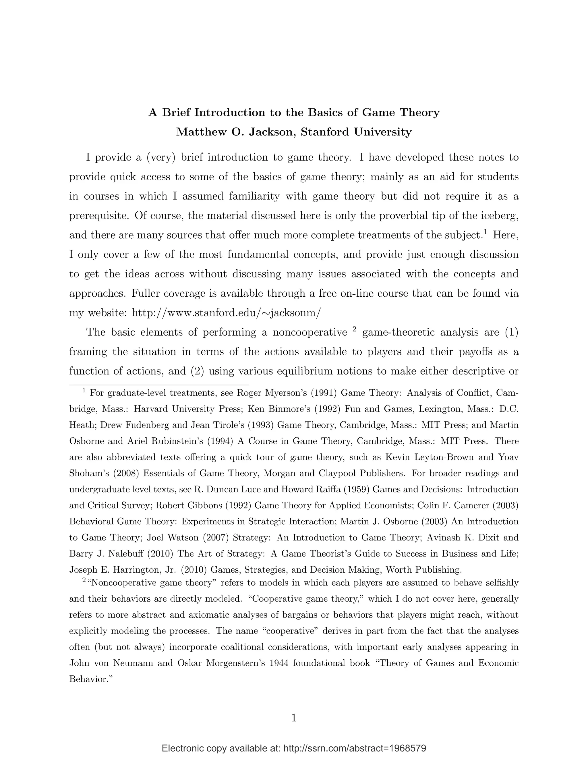 A brief introduction to the basics of game theory | PDF